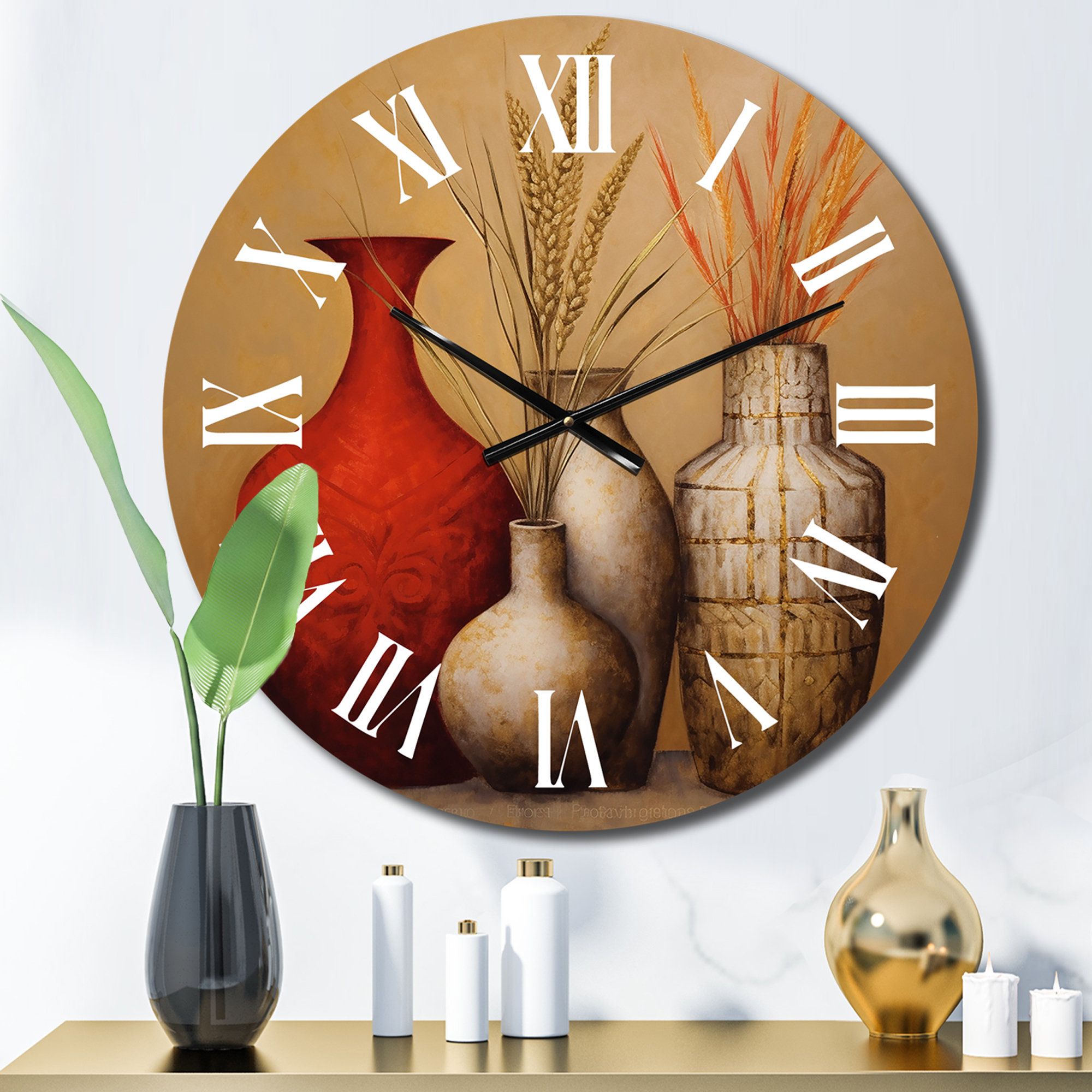 Design Art Still Life Red Gold Vase With Wheat Flowers Wall Clock | Wayfair