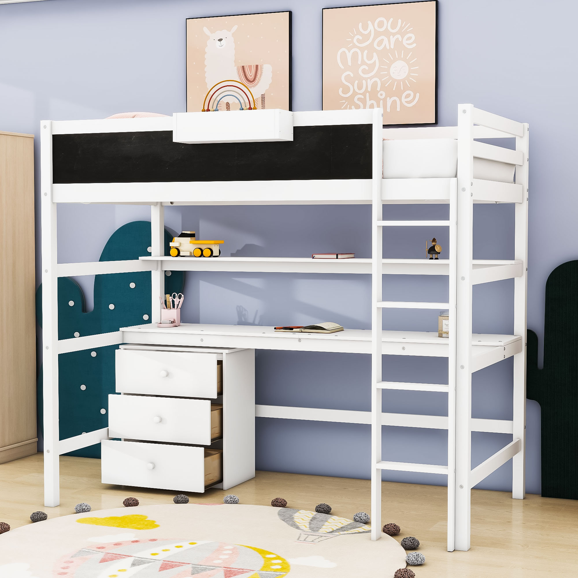 Harriet Bee Twin 3 Drawer Wood Loft Bed With Built-In-Desk And ...