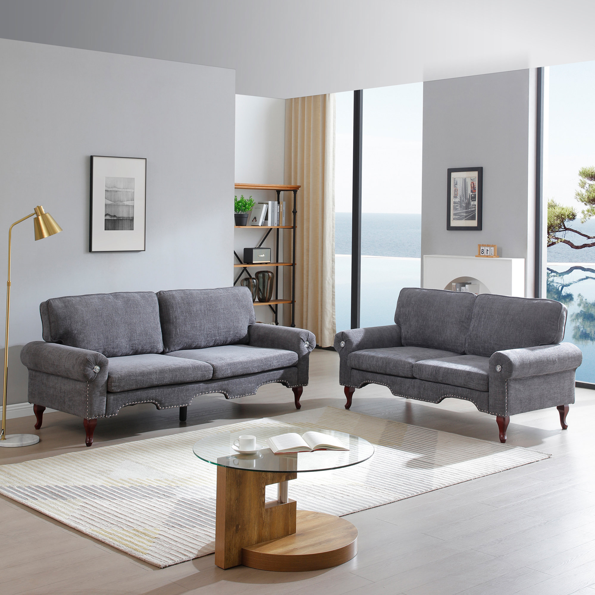 Charlton Home® 2-Piece Linen Nailhead Living Room Set - Mid-Century ...