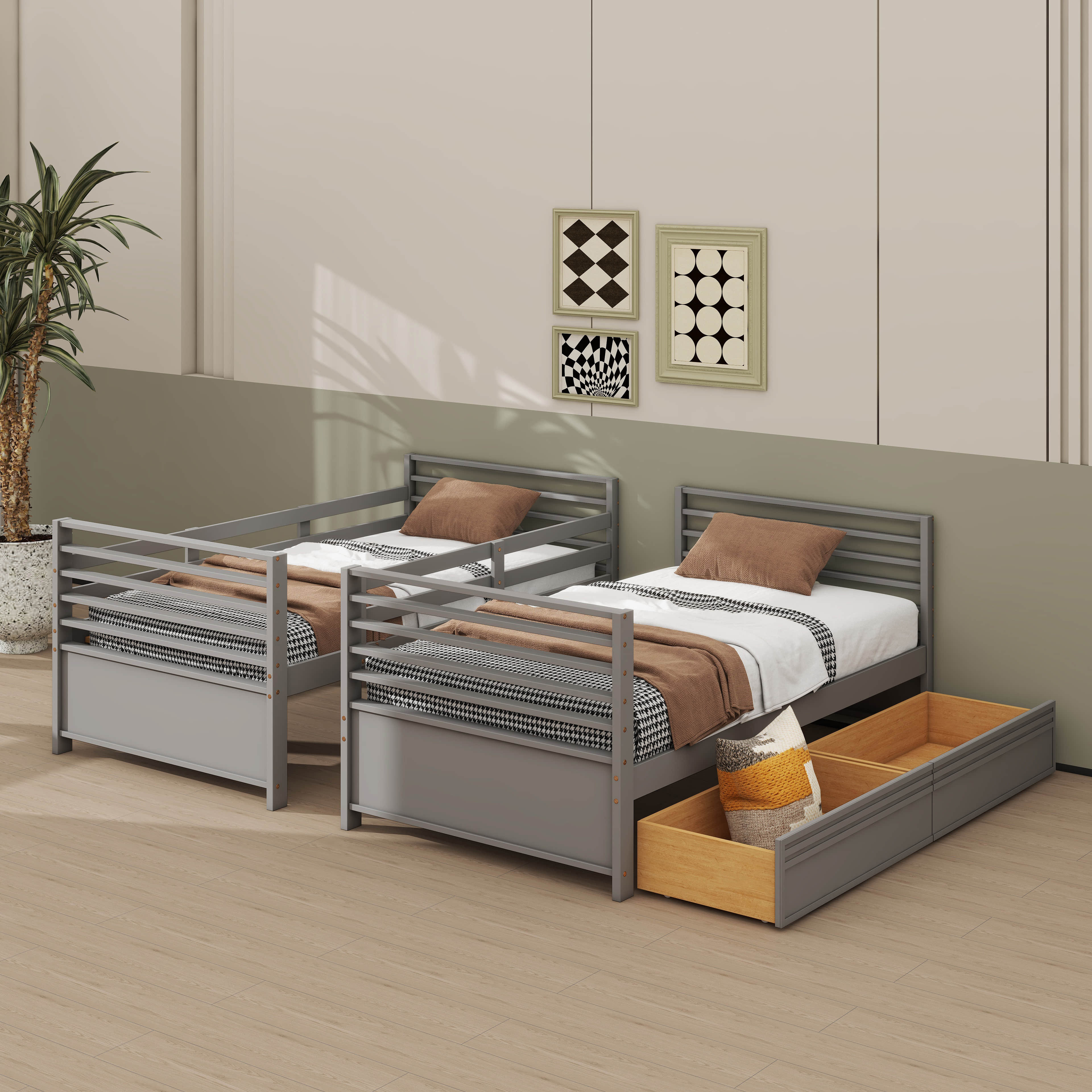 Harriet Bee Sturdy Twin-On-Twin Wooden Bunk Bed With Dual Drawers | Wayfair