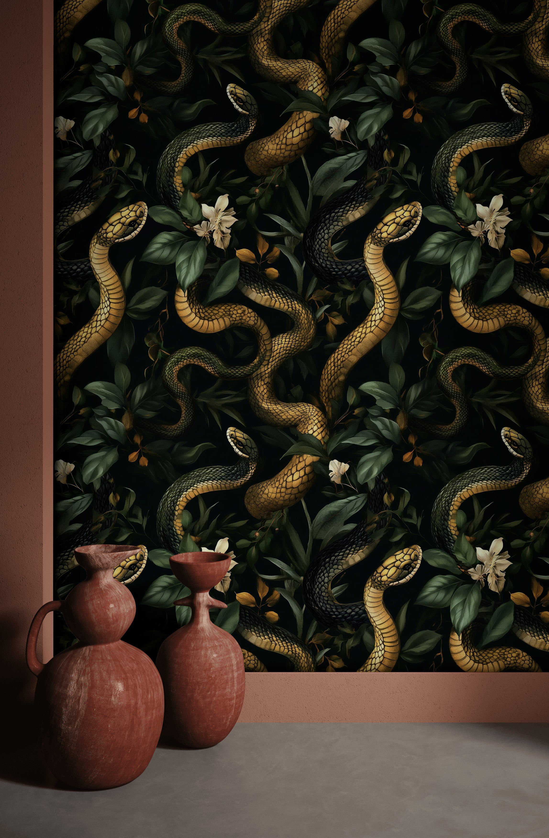Charlton Home® Serpent & Lily Wallpaper Dark Botanical Wall Mural for ...