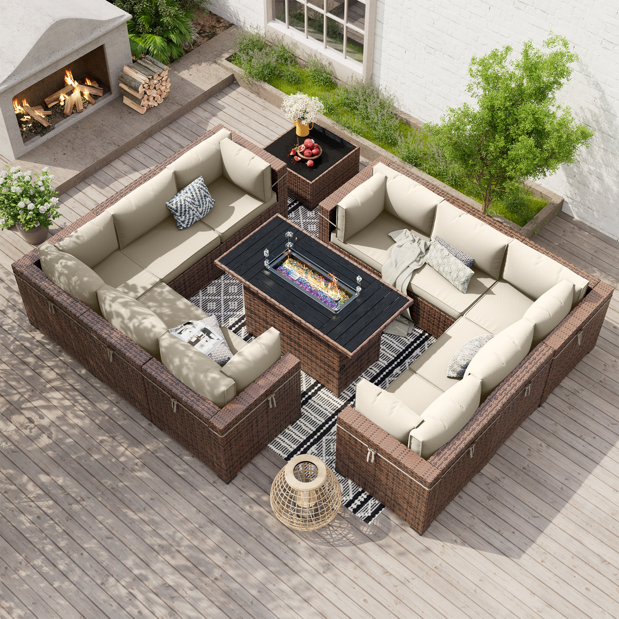 Ebern Designs Babak Rattan Sectional Conversation Sets With Fire Pit ...