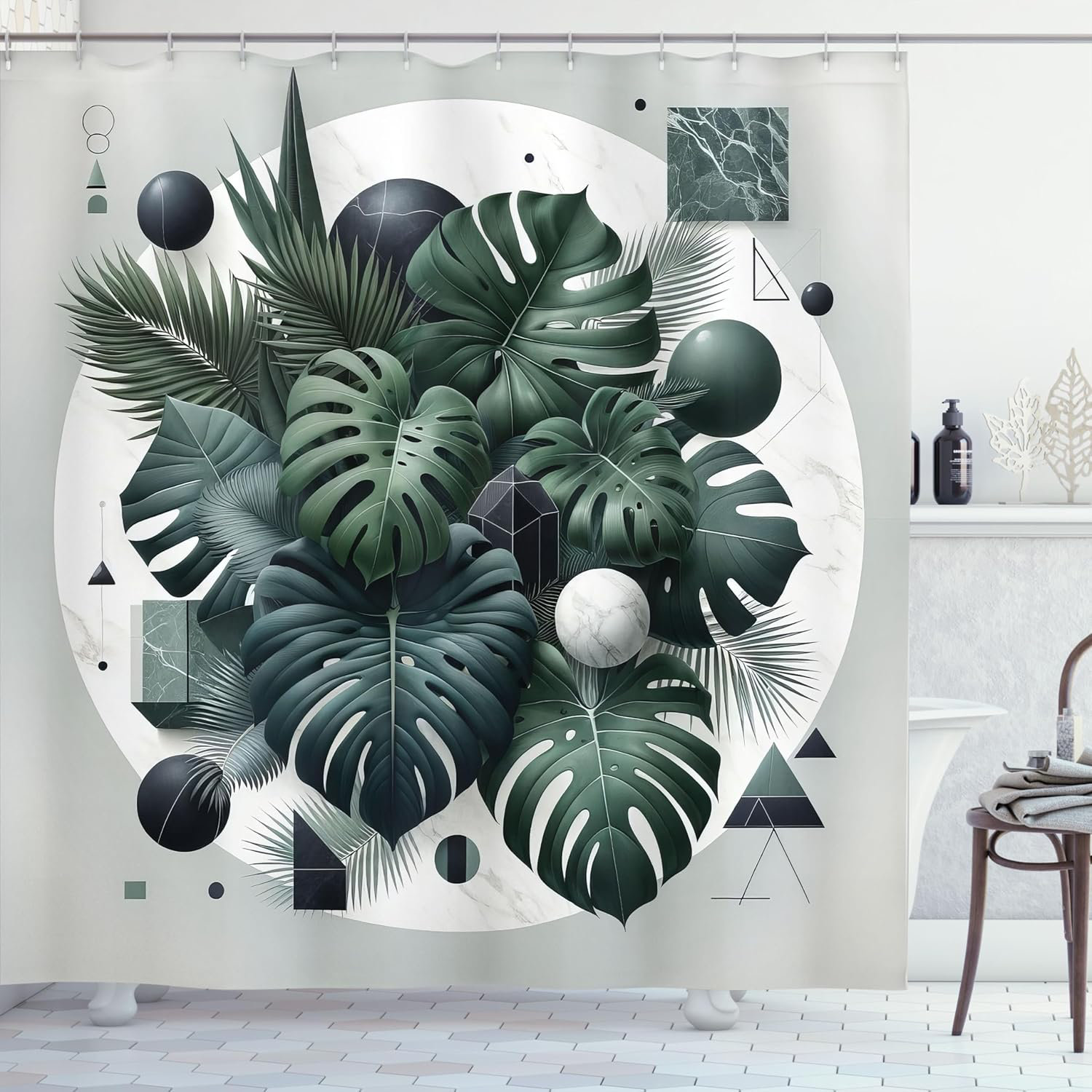 Hokku Designs Dark Green Shower Curtain, Tropical Leaves Monstera And ...