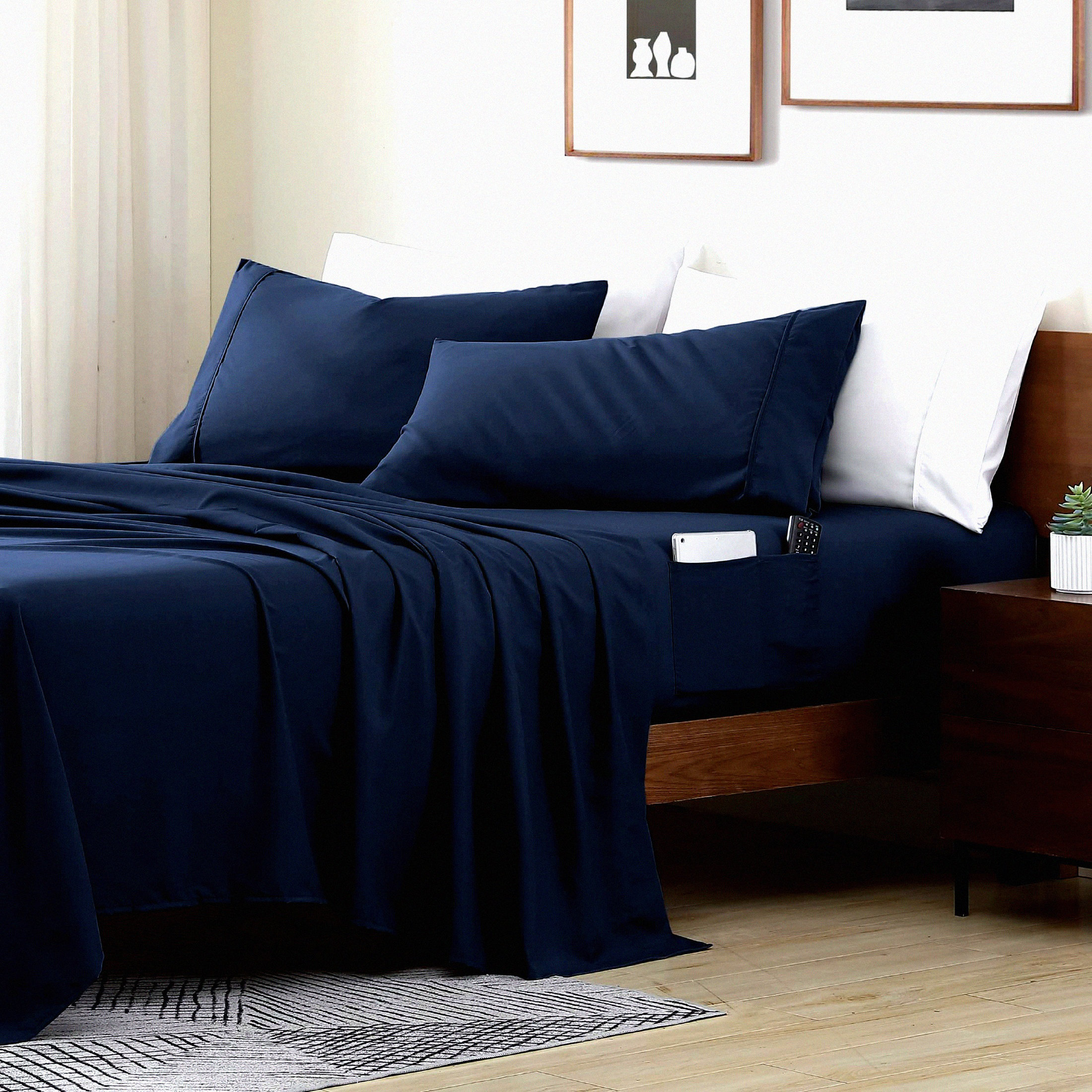 BRBCA UltraSoft Pocketed Navy Sheet Set - Smart Microfiber Fitted Bed ...
