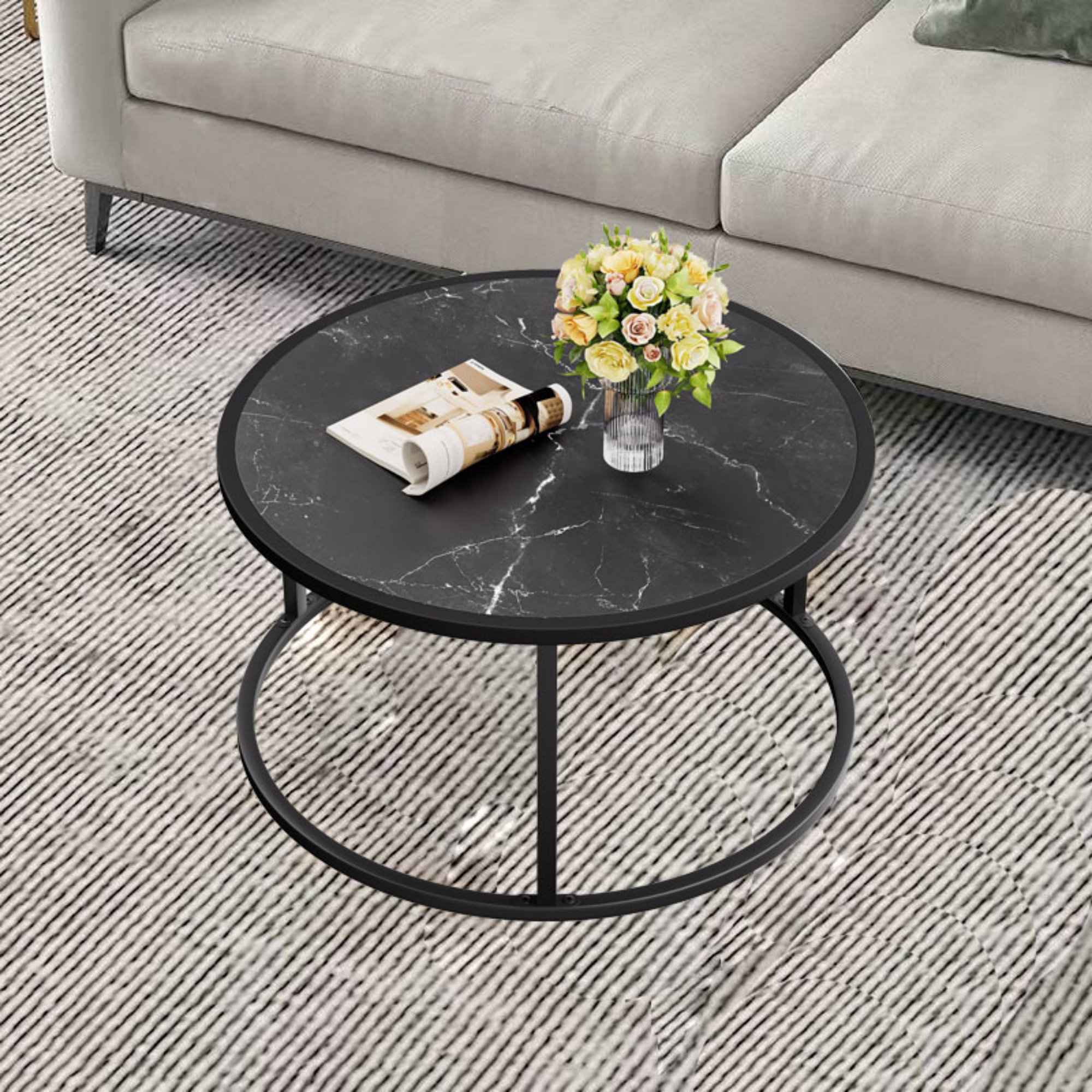 17 Stories Title 27.6" Round Black Faux Marble Coffee Table With Metal ...