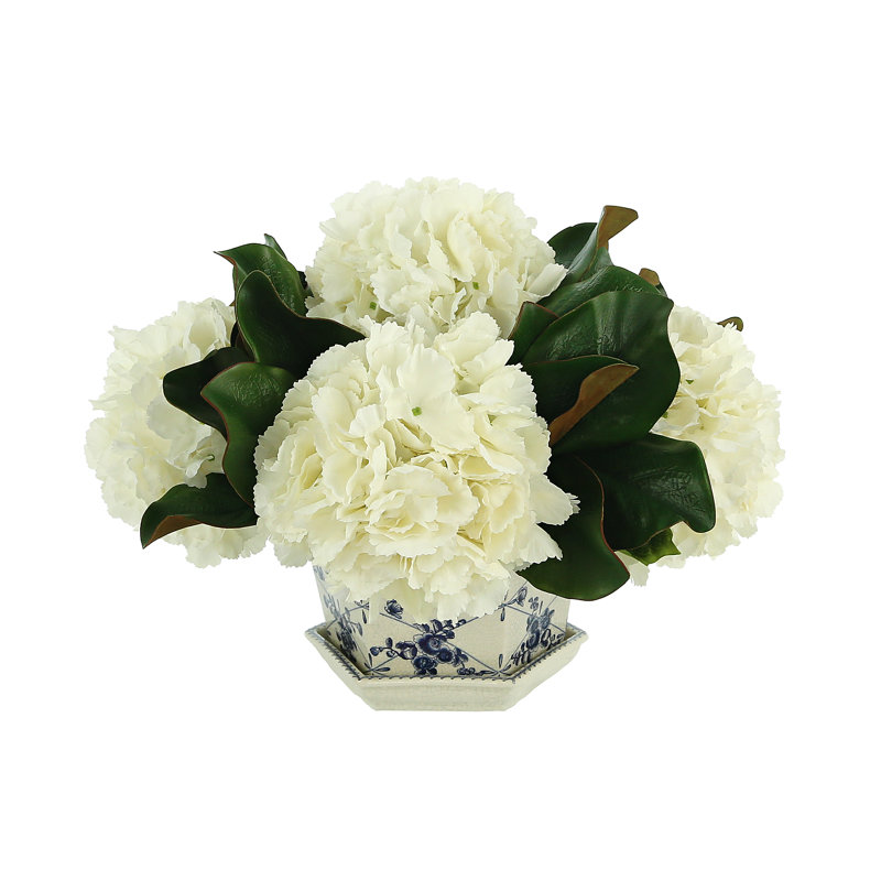 Creative Displays, Inc. Hydrangea And Magnolia Leaves In Ceramic Vase ...