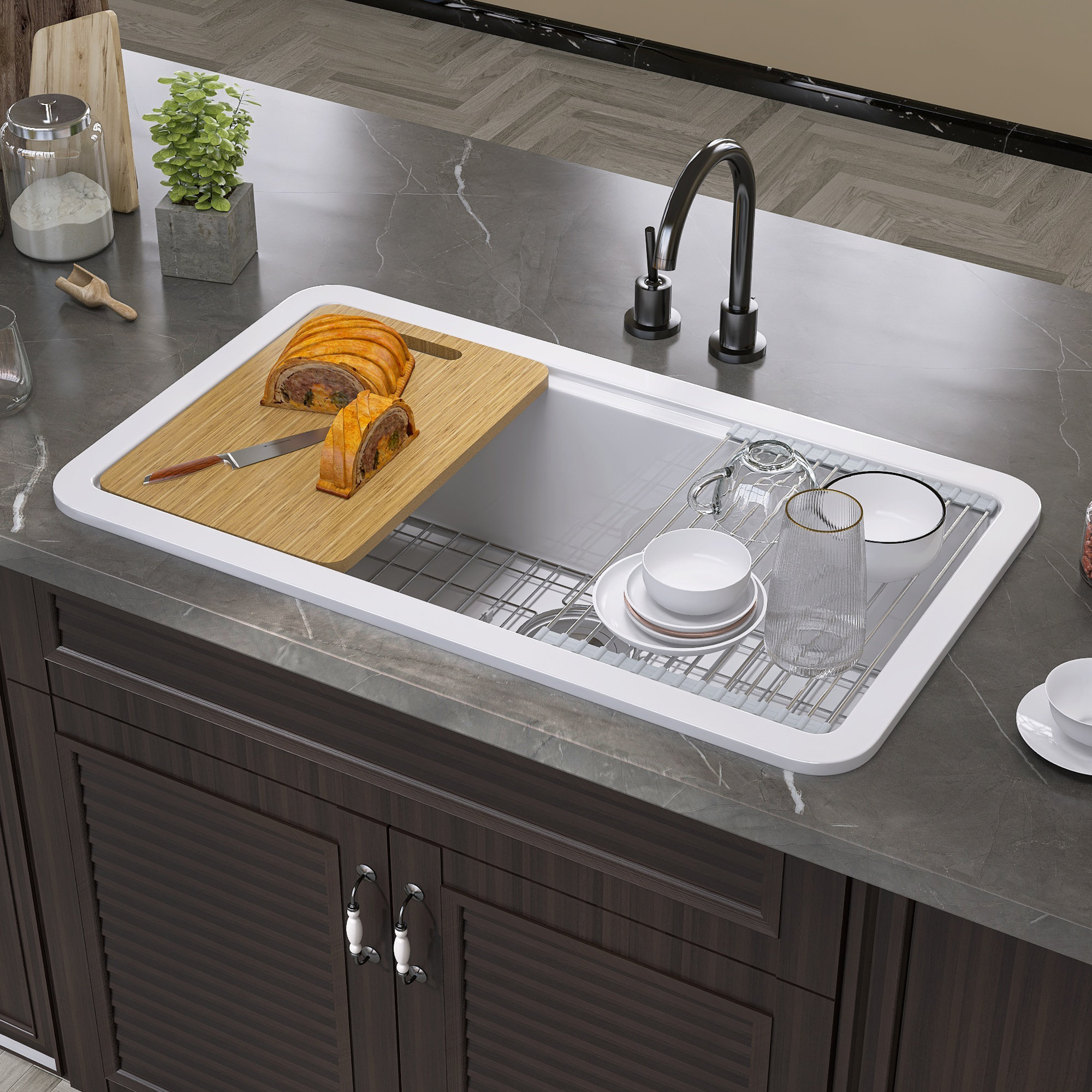 ZEAFIVE Kitchen Sinks 33" X 19" Fireclay Farmhouse Undermount Sink With ...