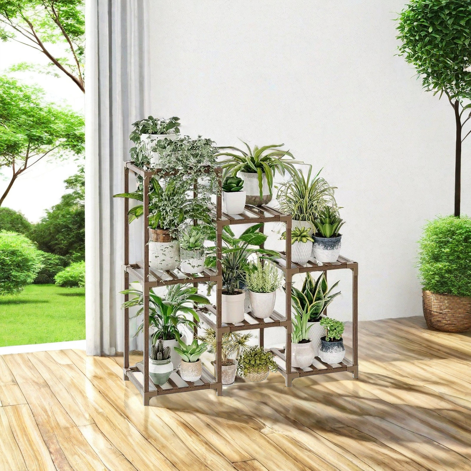 Arlmont & Co. Outdoor Wood Plant Rack For Multiple Plants 3 Tiers ...