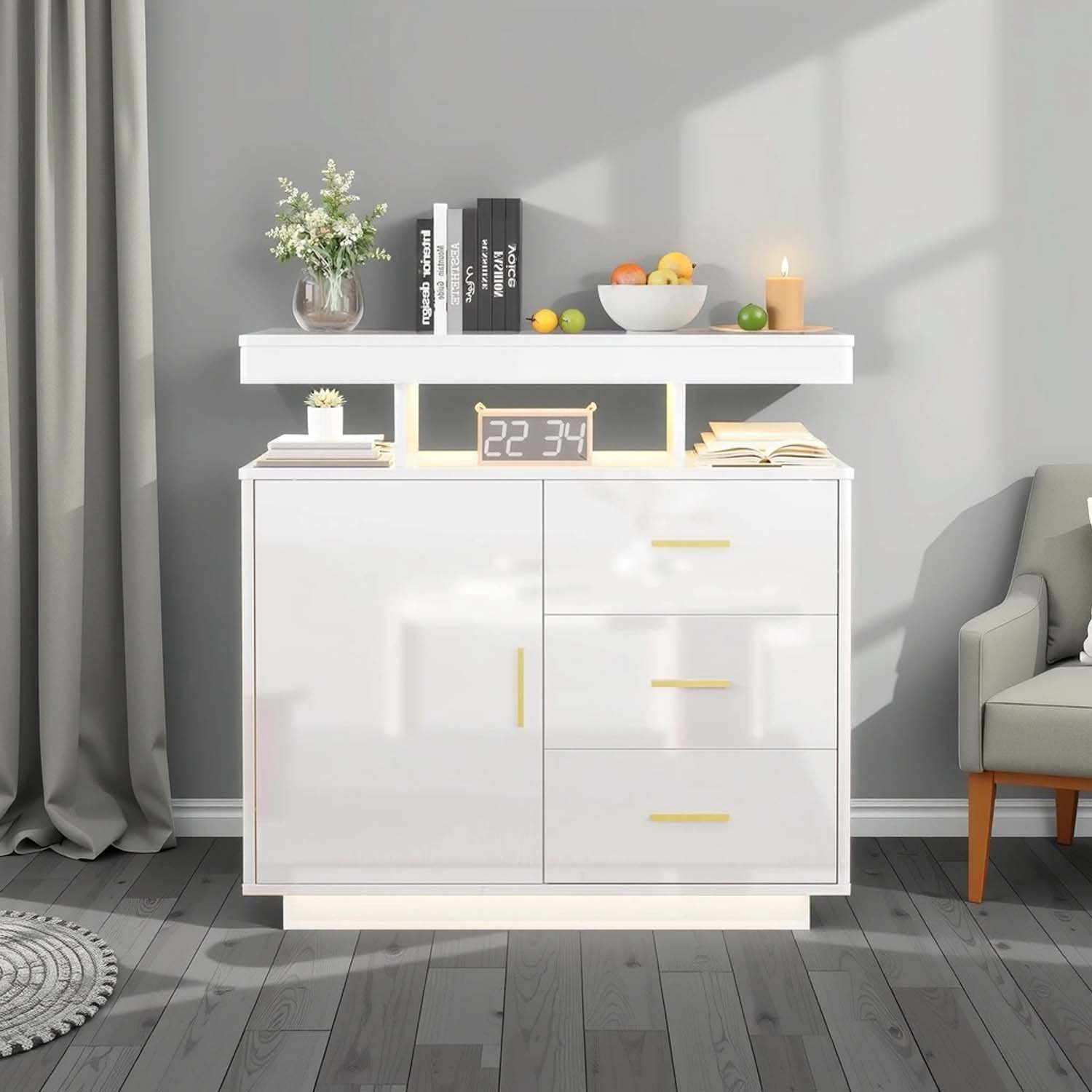 Ivy Bronx Sideboard Buffet Storage Cabinet With Led Lights & Wireless ...