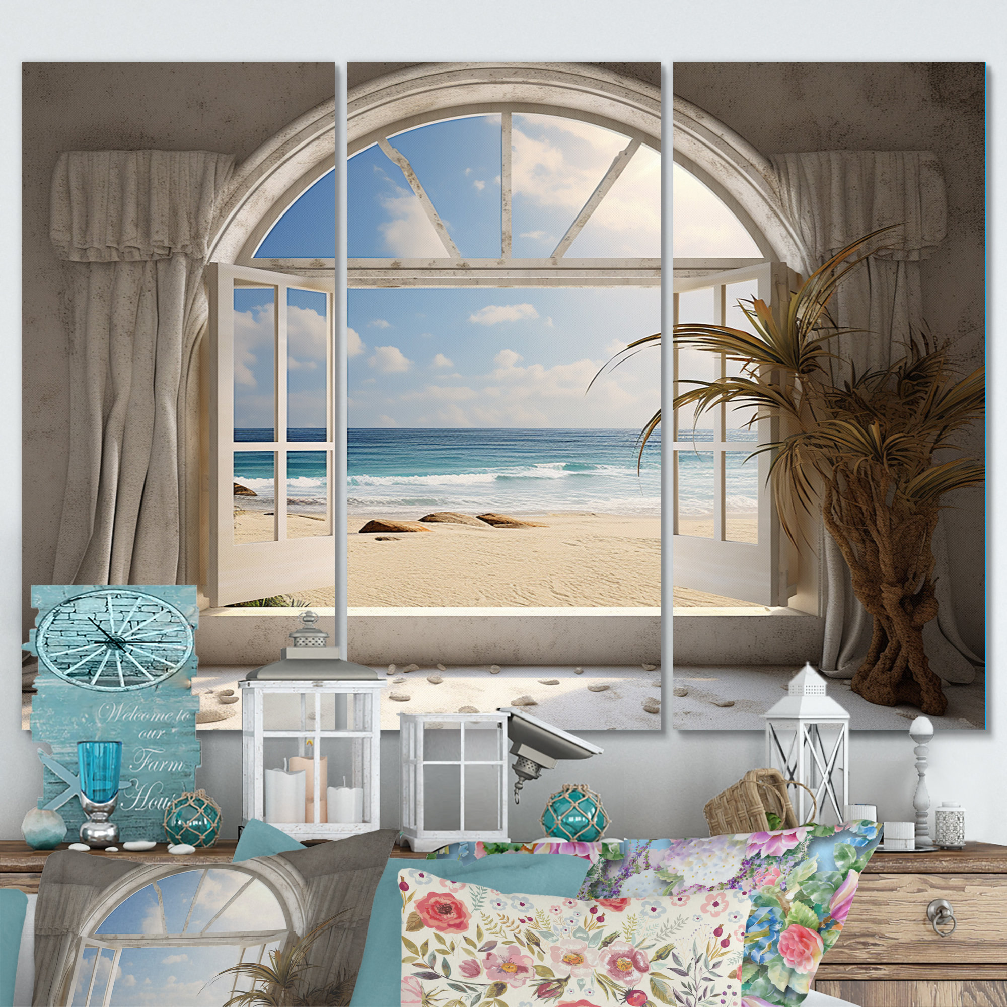 Design Art Oceanview Through Open White Window - Coastal Wall Art ...