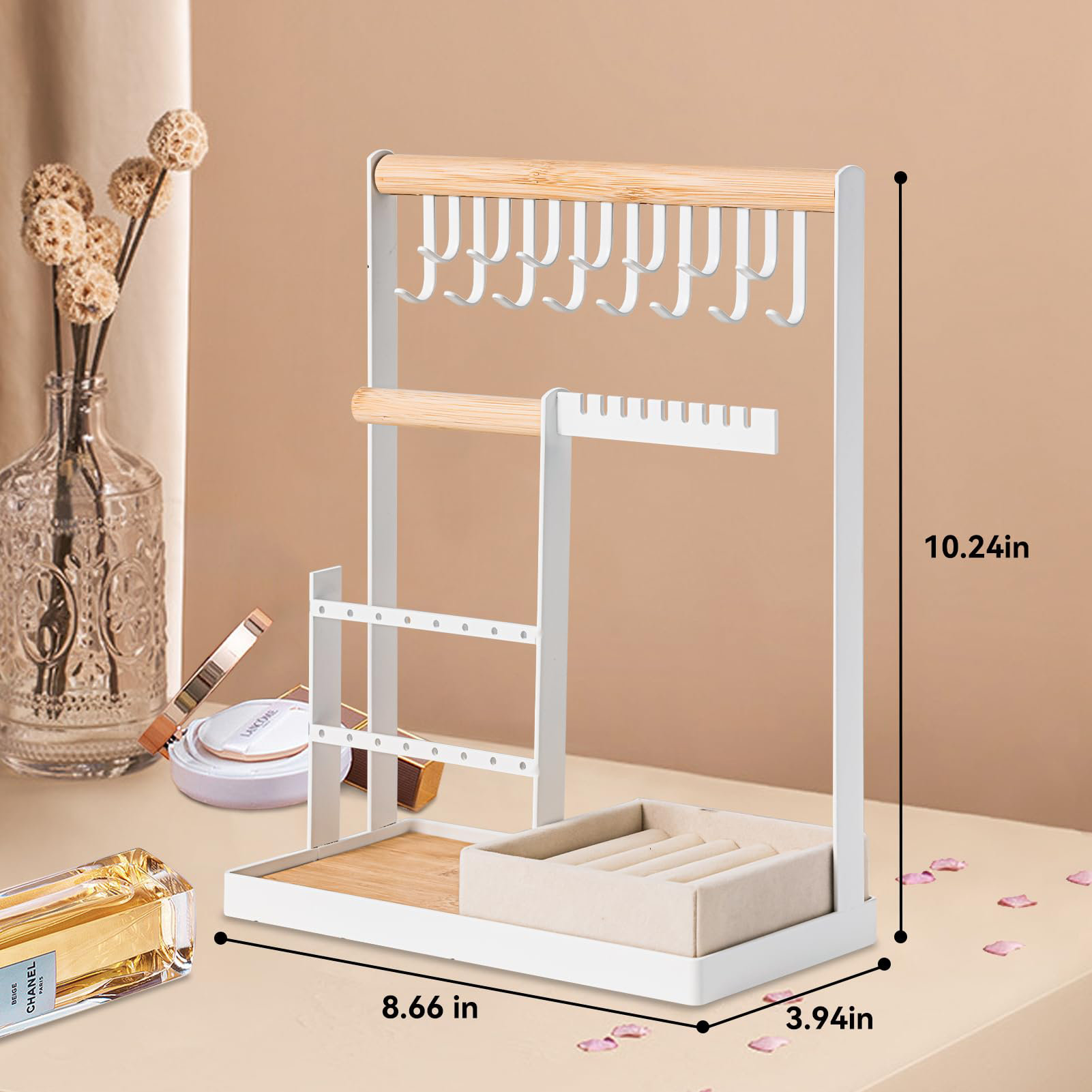Latitude Run® 4-Layer Velvet Jewellery Storage Rack 15 Hooks 16 Holes ...