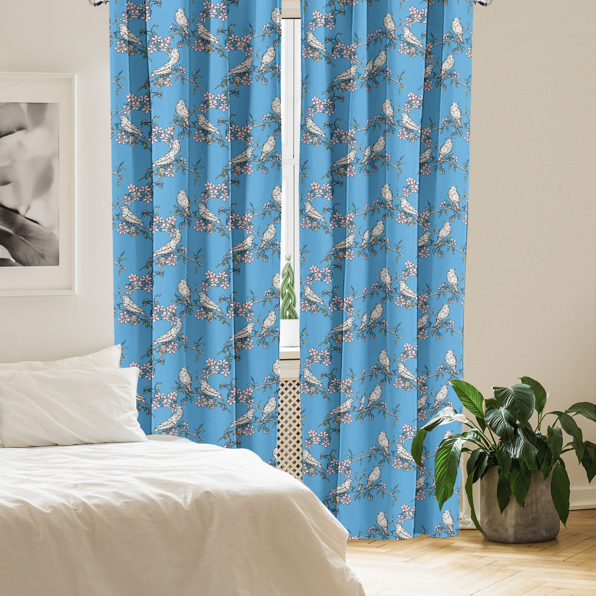East Urban Home Birds 4-Panel Curtains, Cherry Blossom and Finches ...