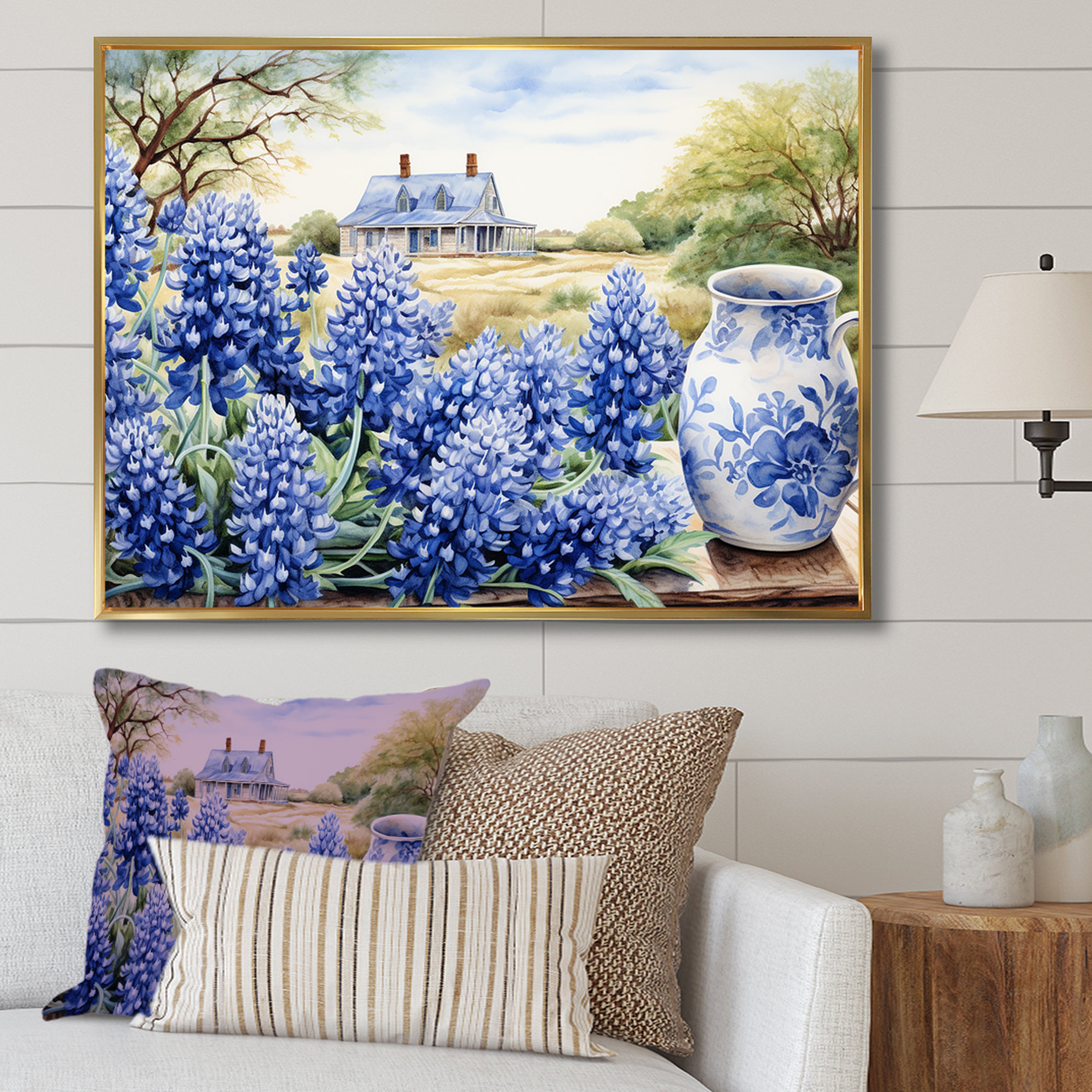 August Grove® Blue Bonnets Farmhouse Still Life Framed On Canvas Print ...