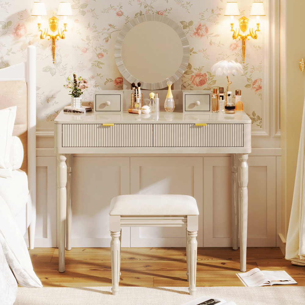 Rosdorf Park Luxury Vanity Desk with Round Mirror 4 Drawers and Stool ...