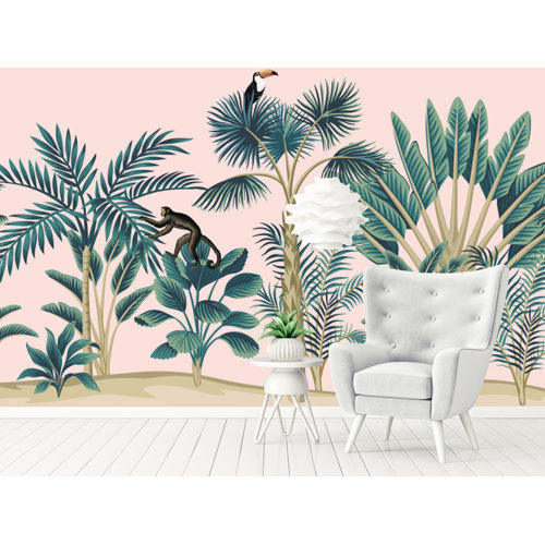 GK Wall Design Botanic Plants Monkey Bird Pink Background Removable ...