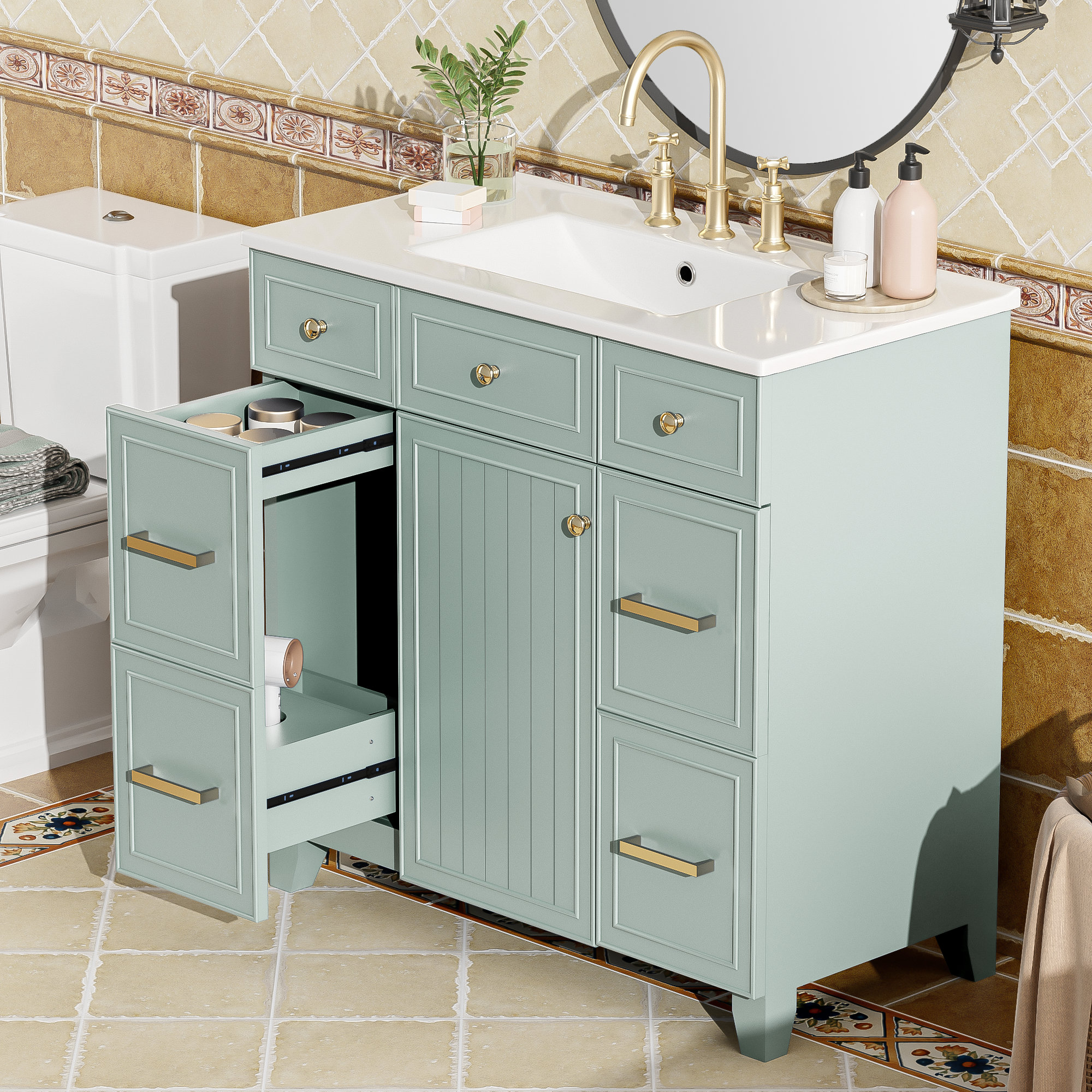 Winston Porter 36"W Bathroom Vanity With Ceramic Sink, Solid Wood Frame ...