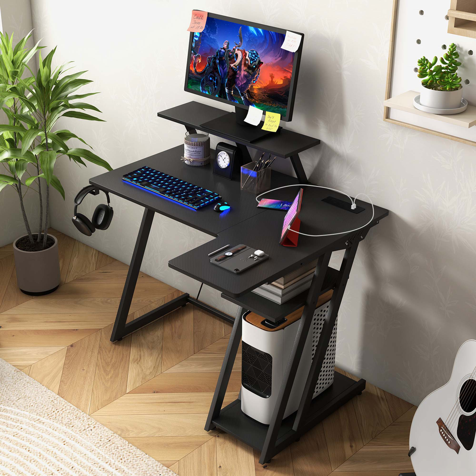 Winston Porter L Shaped Gaming Desk with Outlets & USB Ports Monitor ...