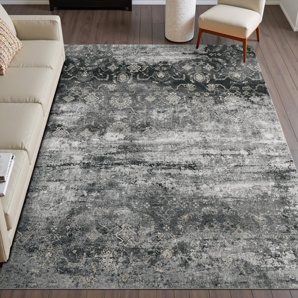 Red Barrel Studio® Vintage Distressed Dark Gray Non-Slip Washable Area ...