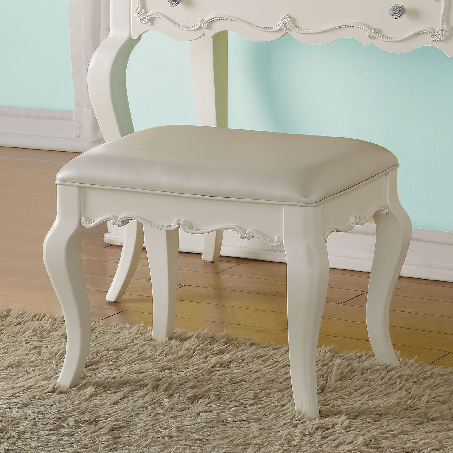 Harriet Bee Edalene Upholstered Kids Vanity Stool in Pearl White | Wayfair