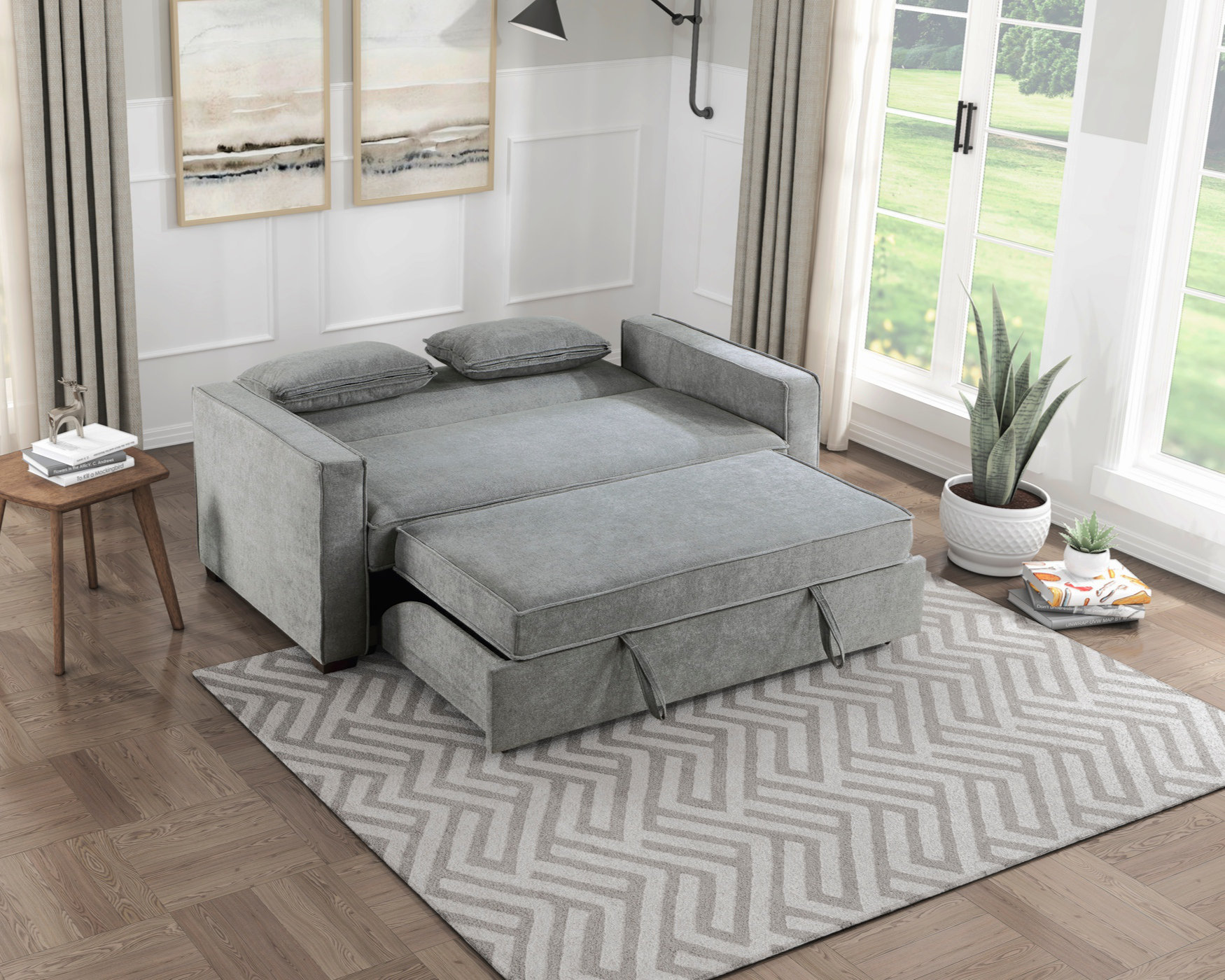 Hokku Designs Home Furniture Solid Wood Frame Sofa With Pull-Out Bed ...