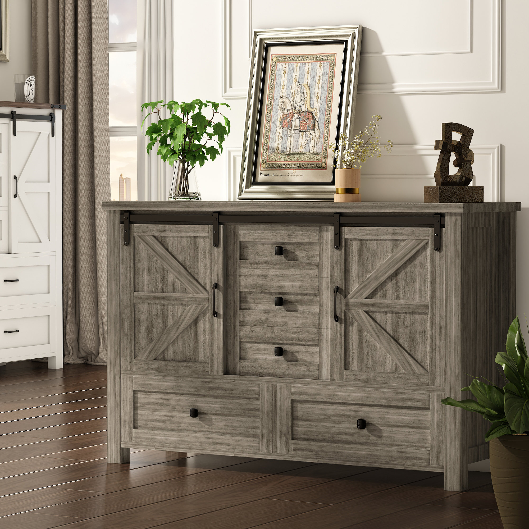 Gracie Oaks Kaicey 48" Farmhouse w/5 Drawer & 2 Sliding Barn Doors ...