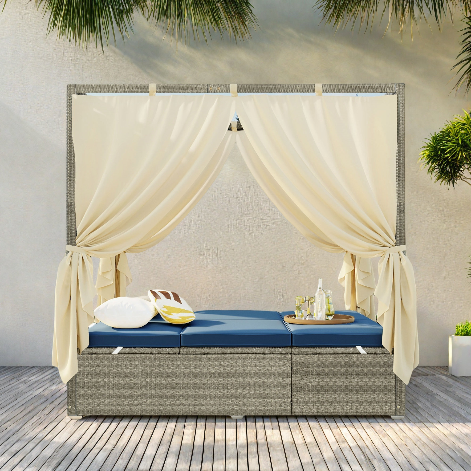 Latitude Run® Outdoor Sun Bed With Curtain And Adjustable Backrest ...