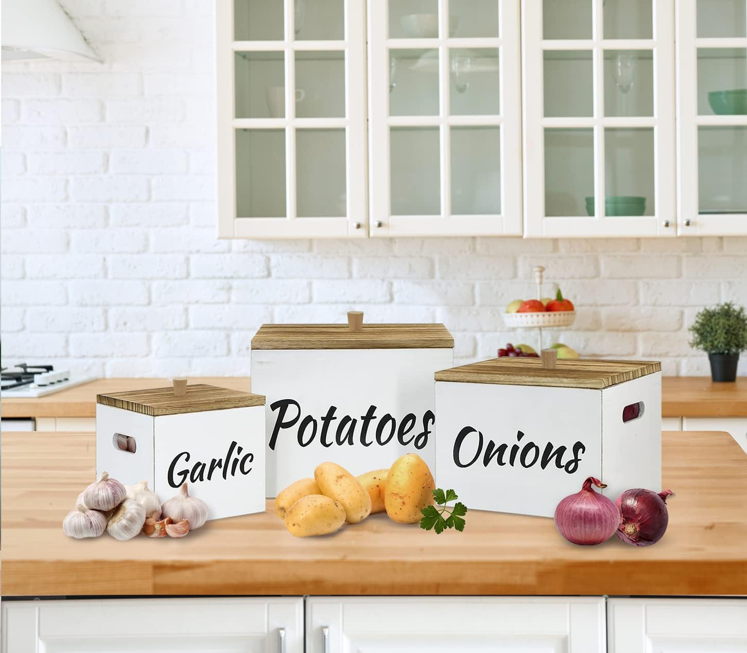 Gracie Oaks Potato And Onion Storage Bin Set Of 3, Farmhouse Kitchen ...