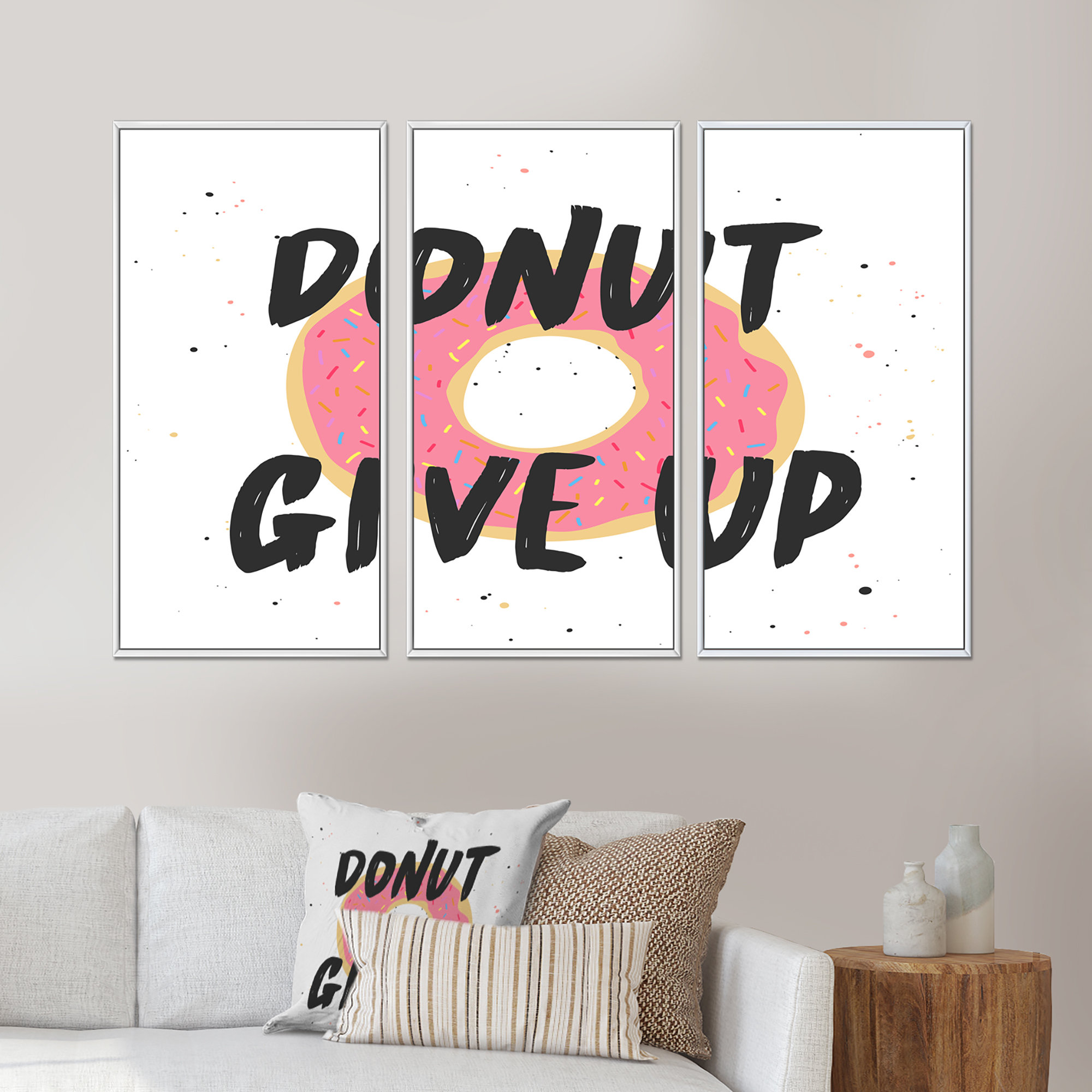 Trinx Donut Give Up - Traditional Framed Canvas Wall Art Set Of 3 | Wayfair