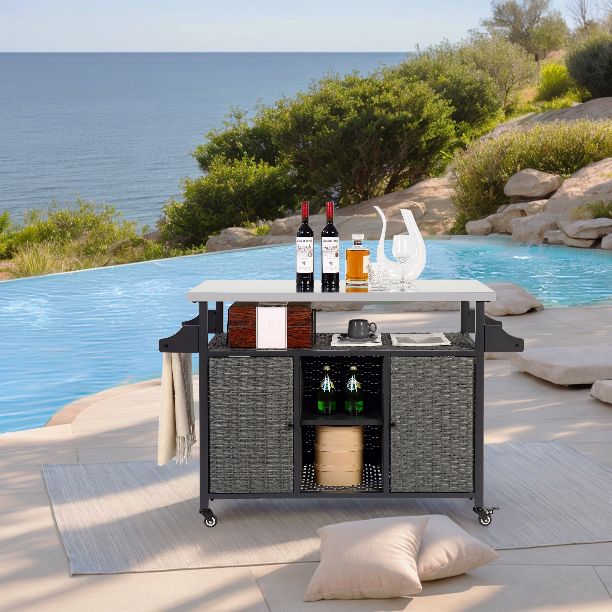 Rosecliff Heights Large Bar Cart,Outdoor Kitchen Wicker Island Rolling ...