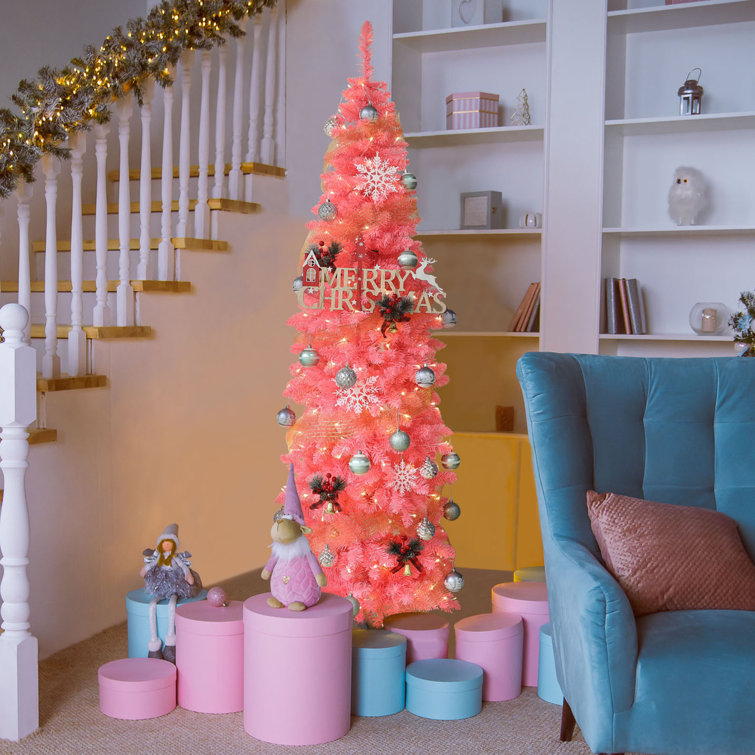 6'/7.5' Pencil Christmas Tree with Lights, Pre-lit Slim Christmas Trees ...