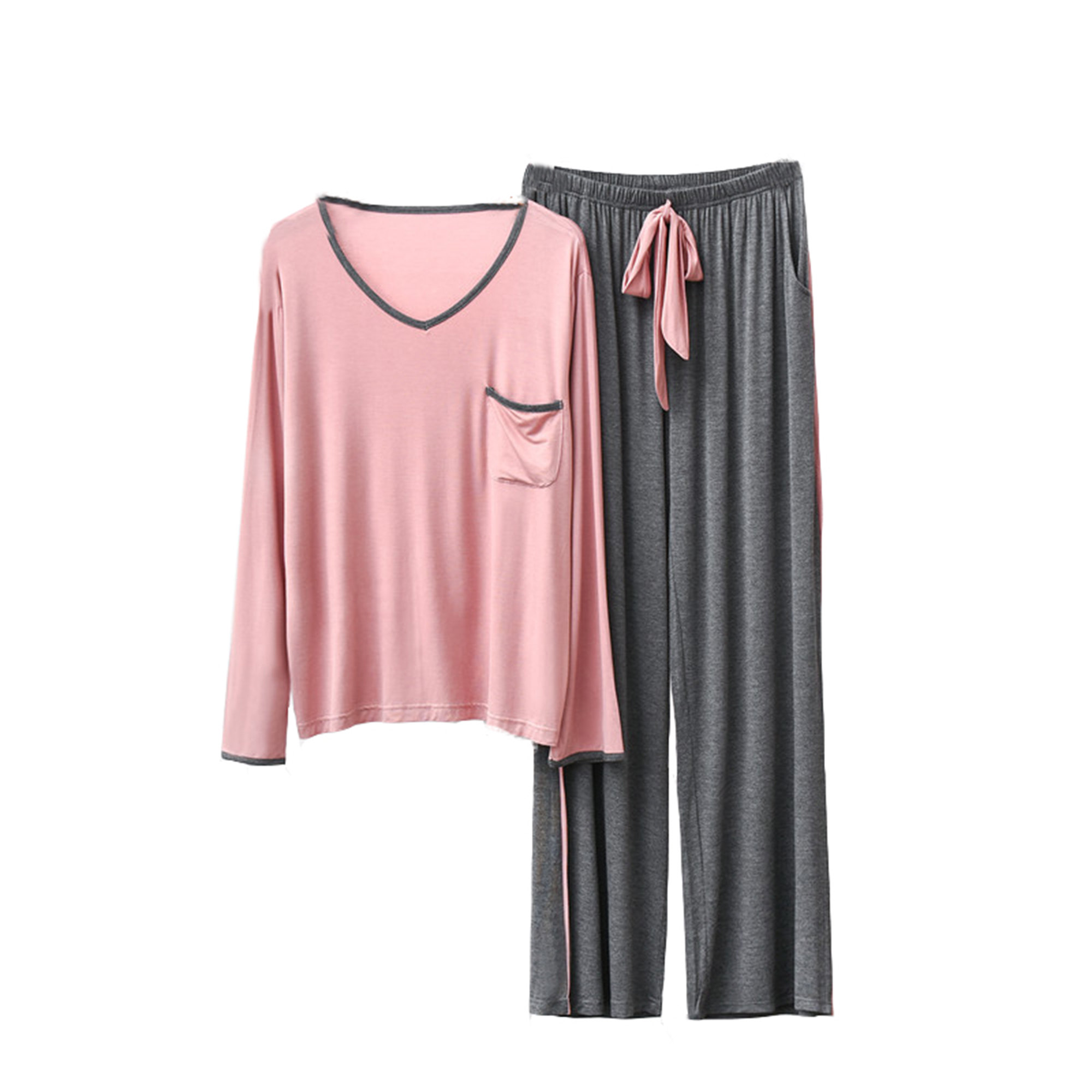 Alwyn Home RH Pajamas Set Women Long Sleeve Pocket V-Neck Sleepwear ...