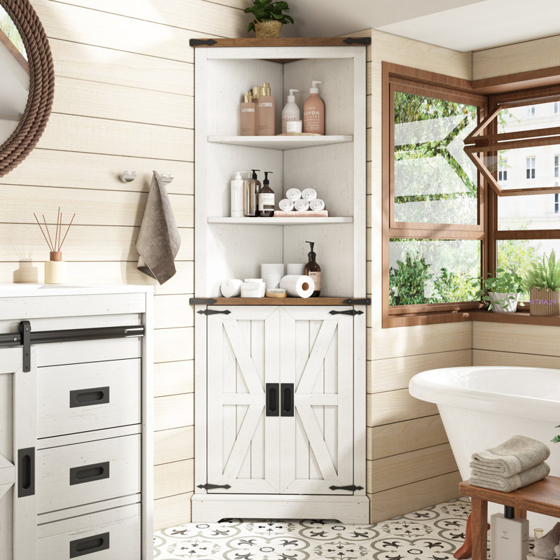 Gracie Oaks Farmhouse Tall Corner Cabinet, Barn Door Design/ Adjustable ...