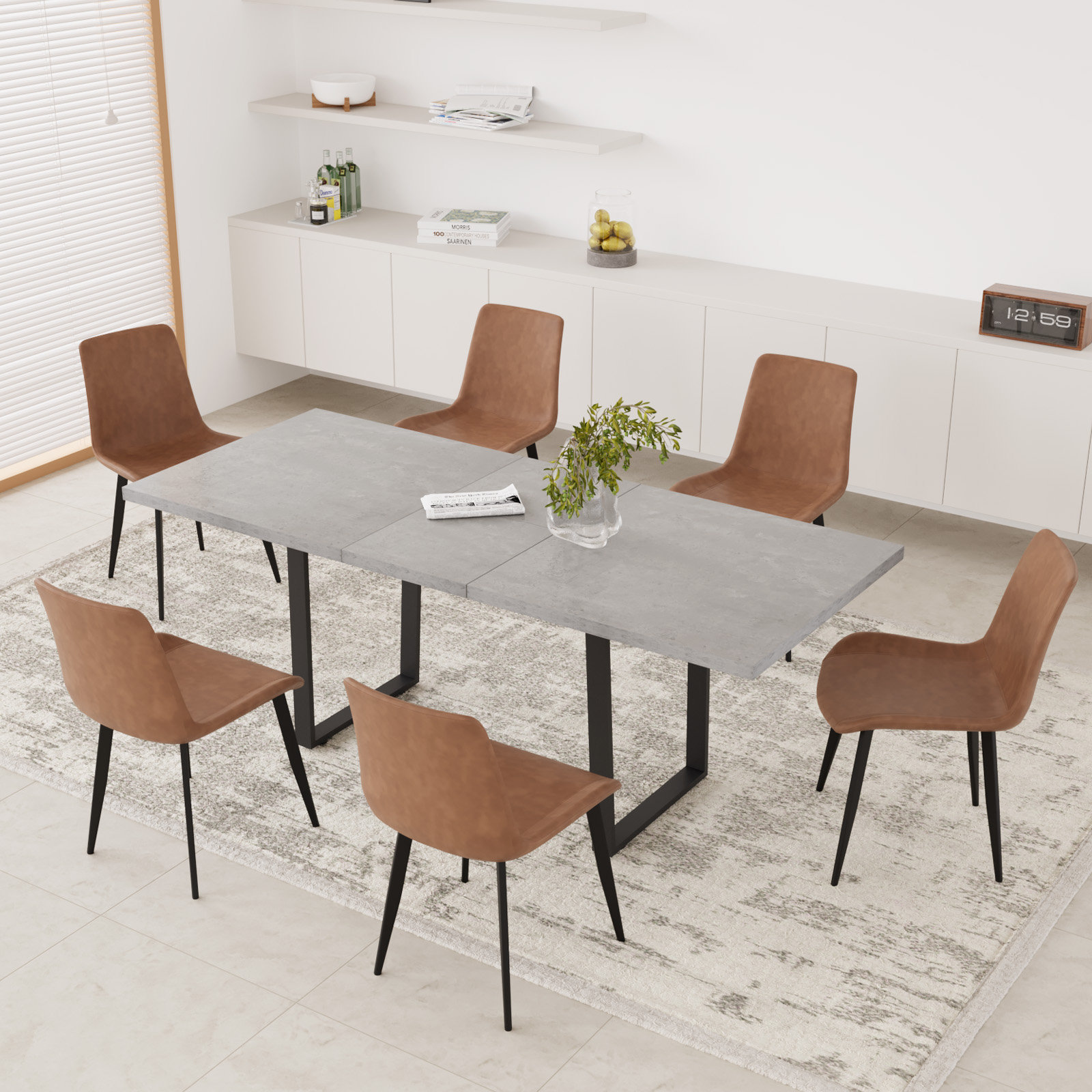 Zerifevni Modern Dining Table Set, Wooden Table with 6 Faux Leather ...