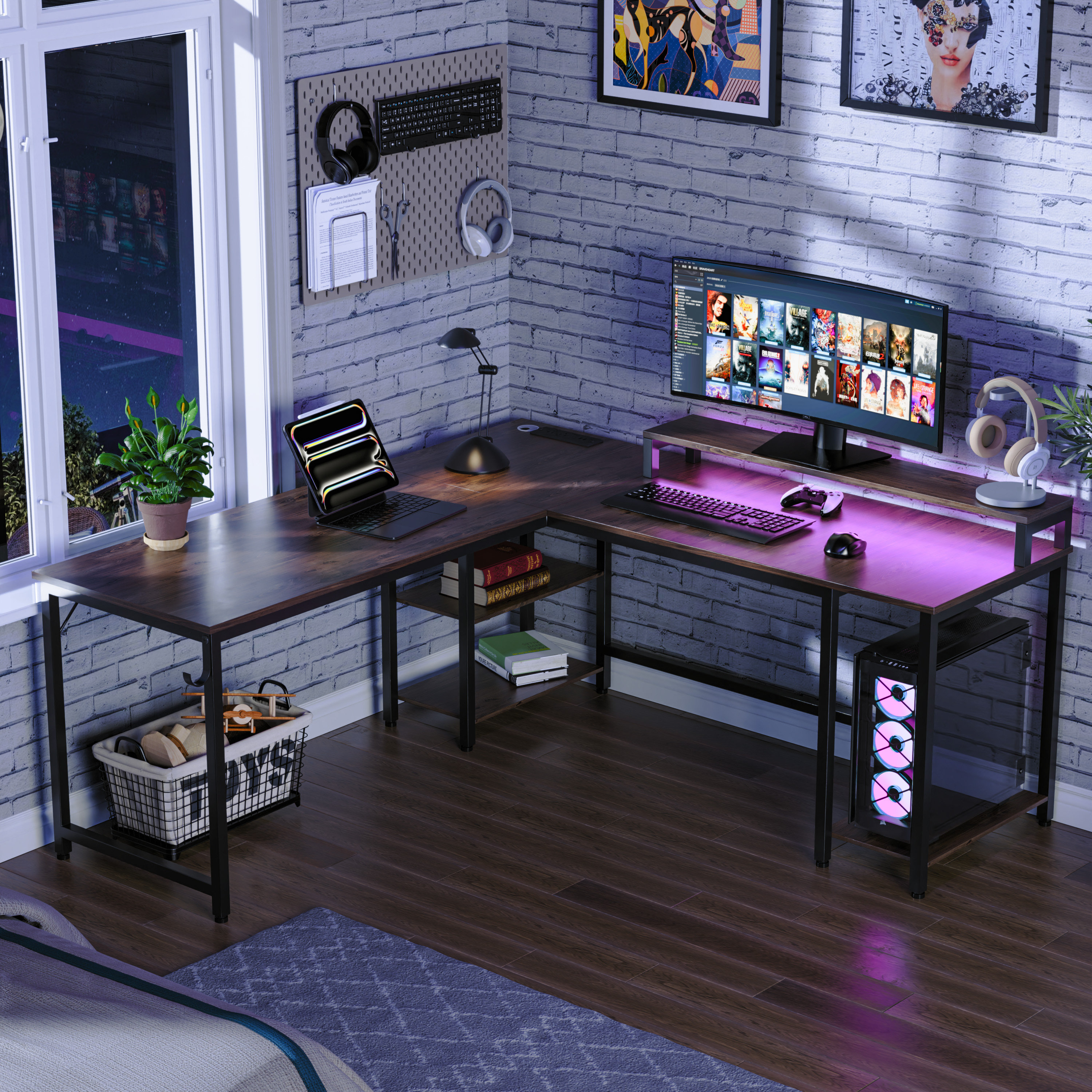 Inbox Zero Gailery 98" L-Shaped Metal Base Computer Desk With LED ...