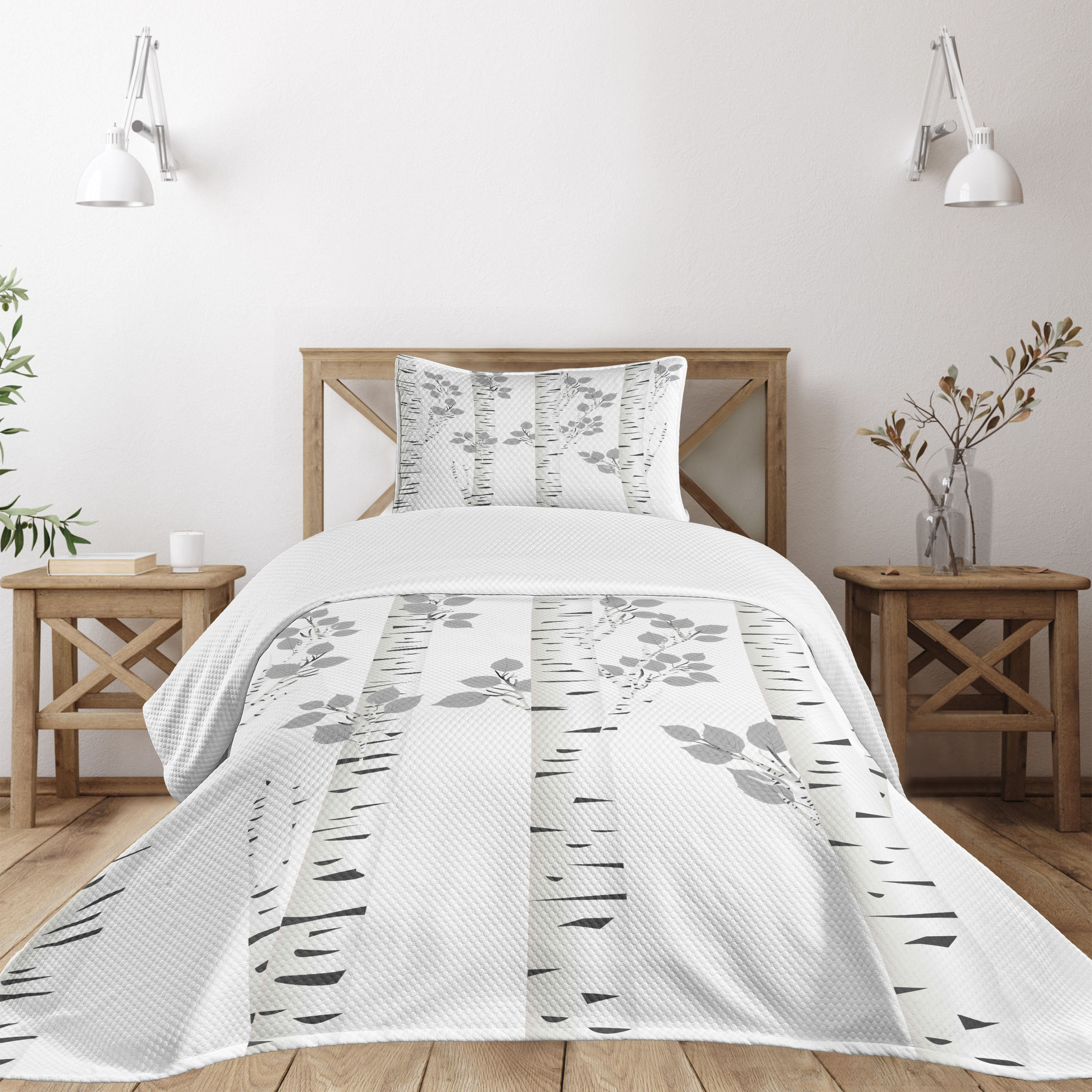 Ambesonne Birch Tree Bedspread Set Autumn Woods Grey White | Wayfair