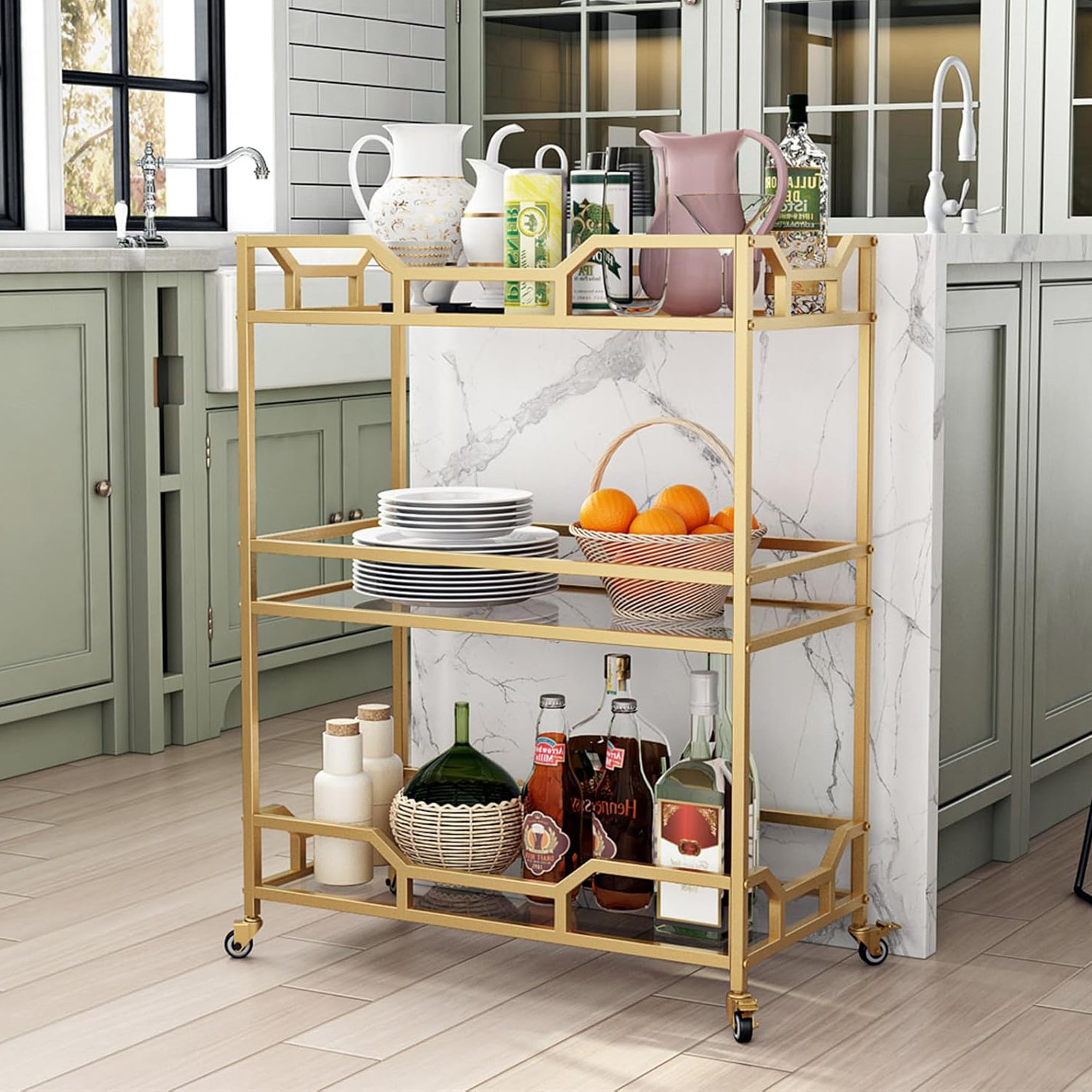 Everly Quinn Square Gold Bar Carts with 3 Tier Storage Glass Shelves ...