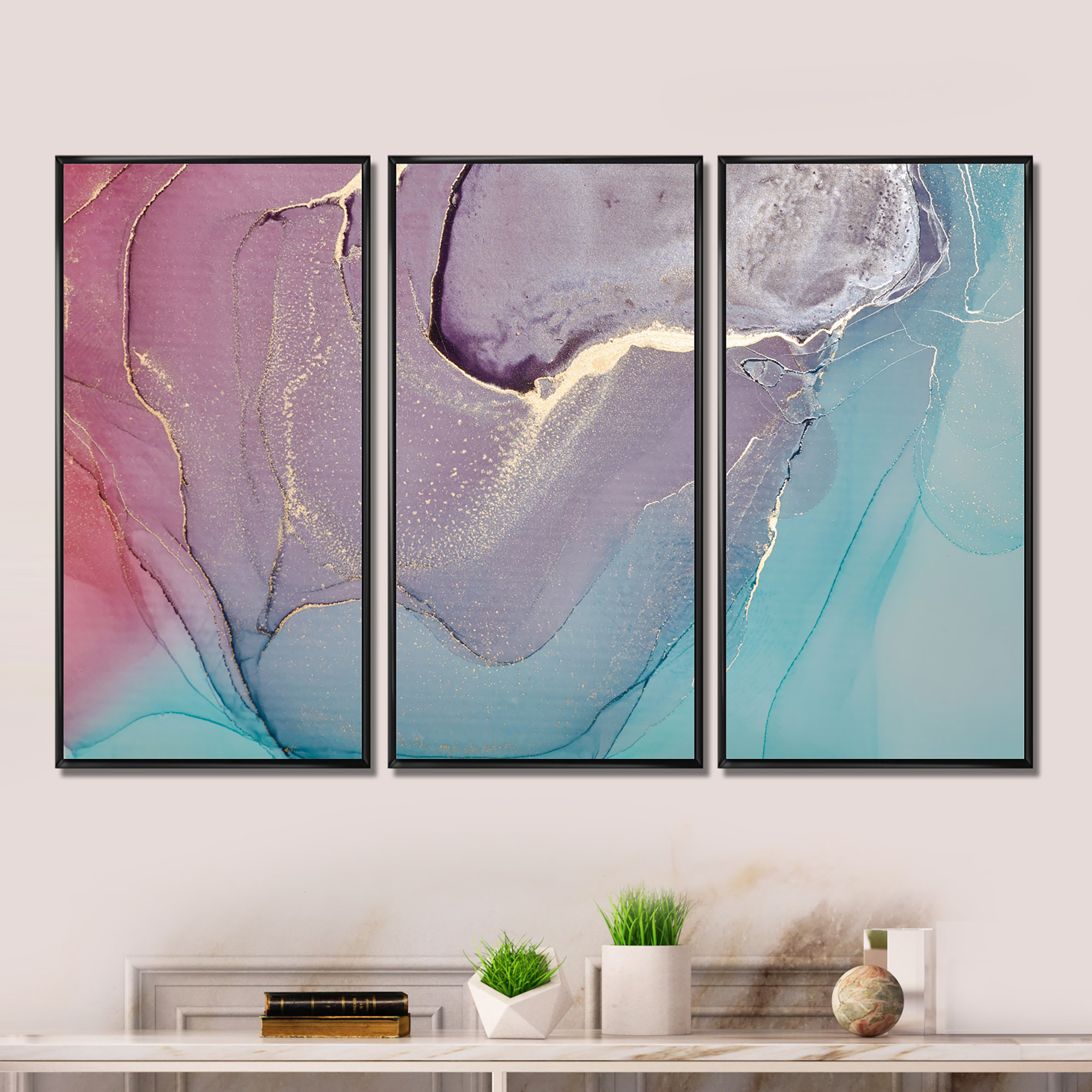 Everly Quinn Turquoise And Red Liquid Art I - Modern Framed Canvas Wall ...
