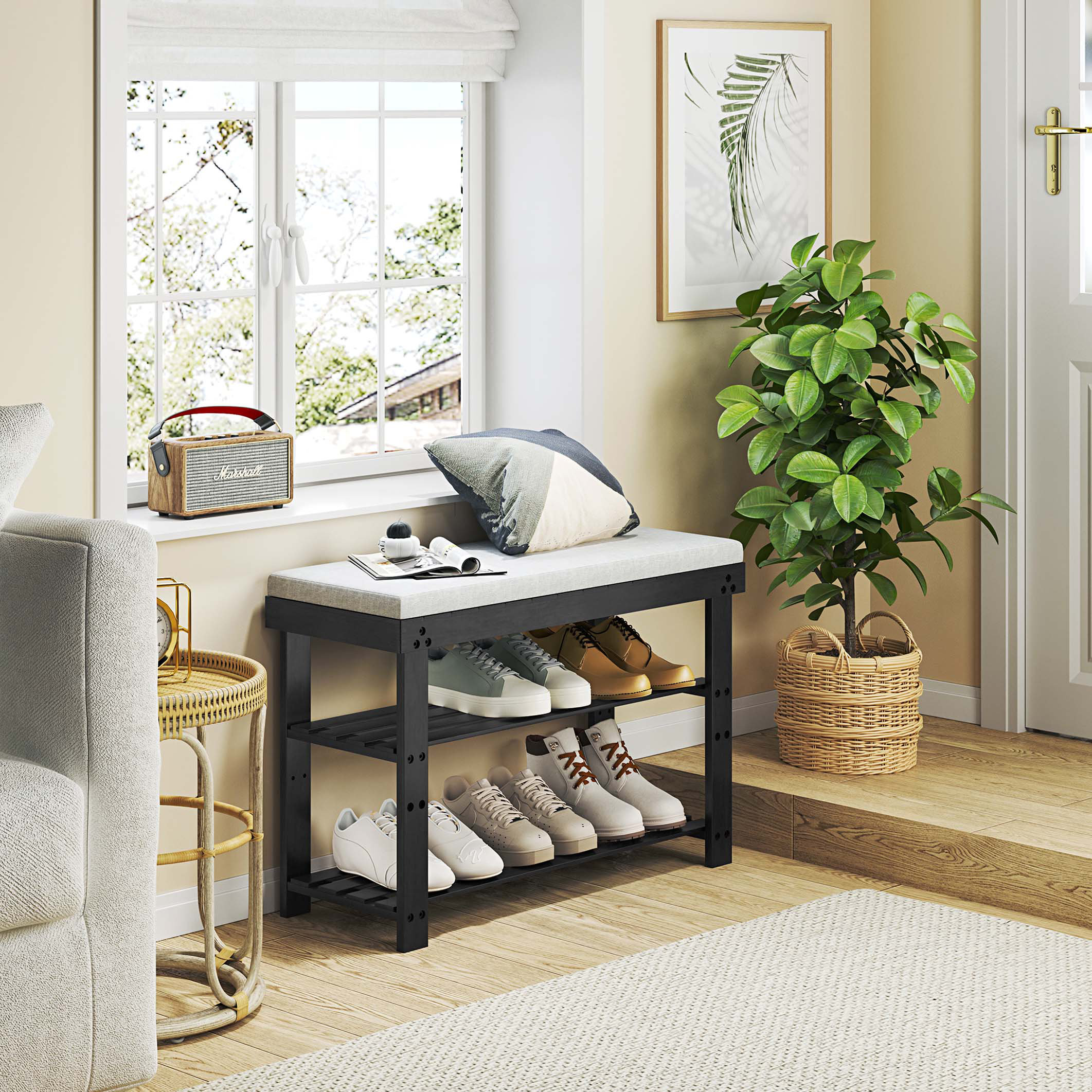 Latitude Run® Shoe Bench, 3-Tier Shoe Rack, Entryway Bench with Cushion ...