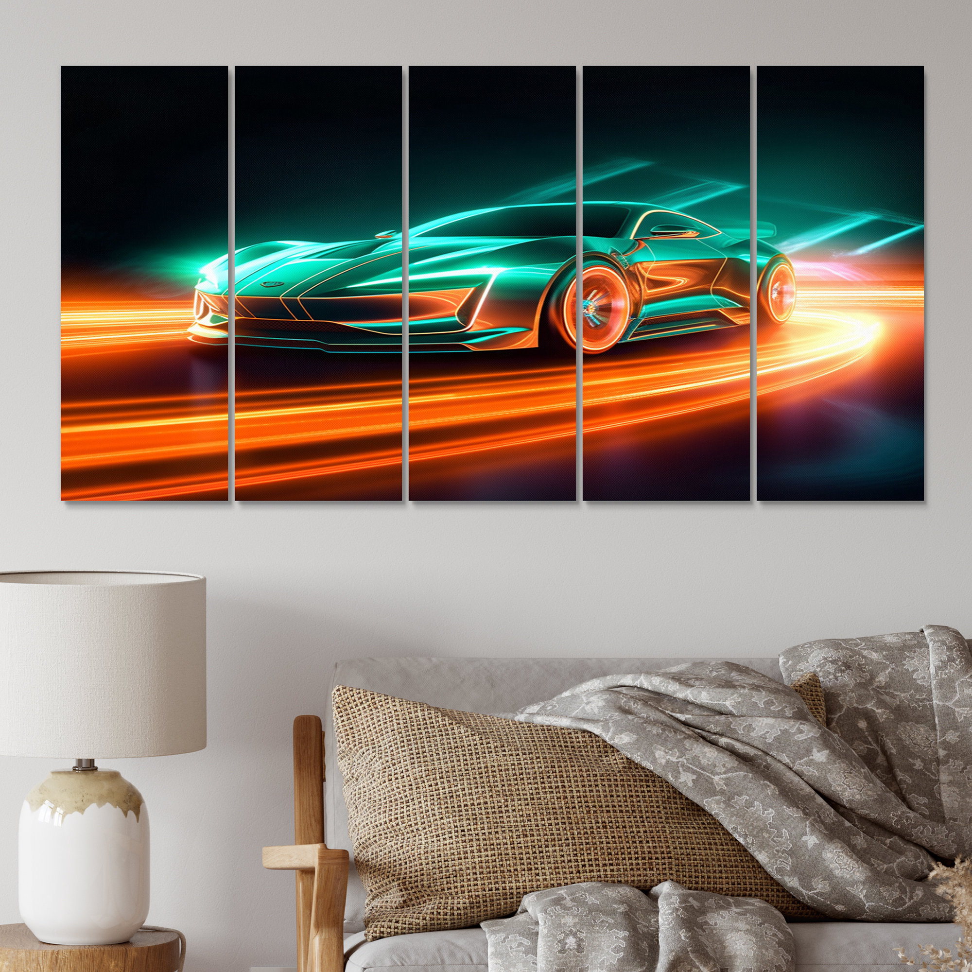 Design Art Teal Neon Exotic Car II - Neon Car Metal Wall Decor Set ...
