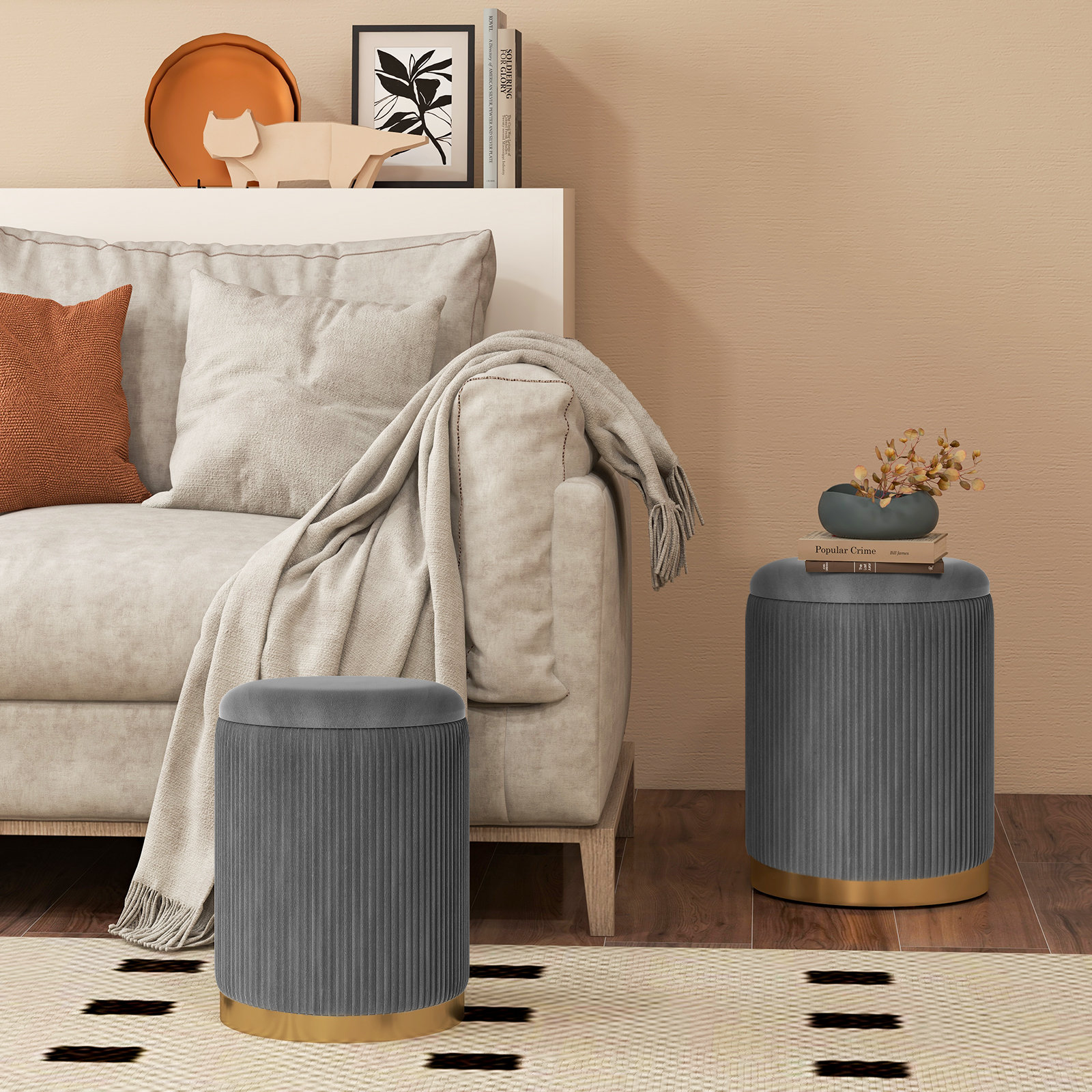 17 Stories 2 Pcs Velvet Round Footstools Nesting Storage Ottoman-Grey ...