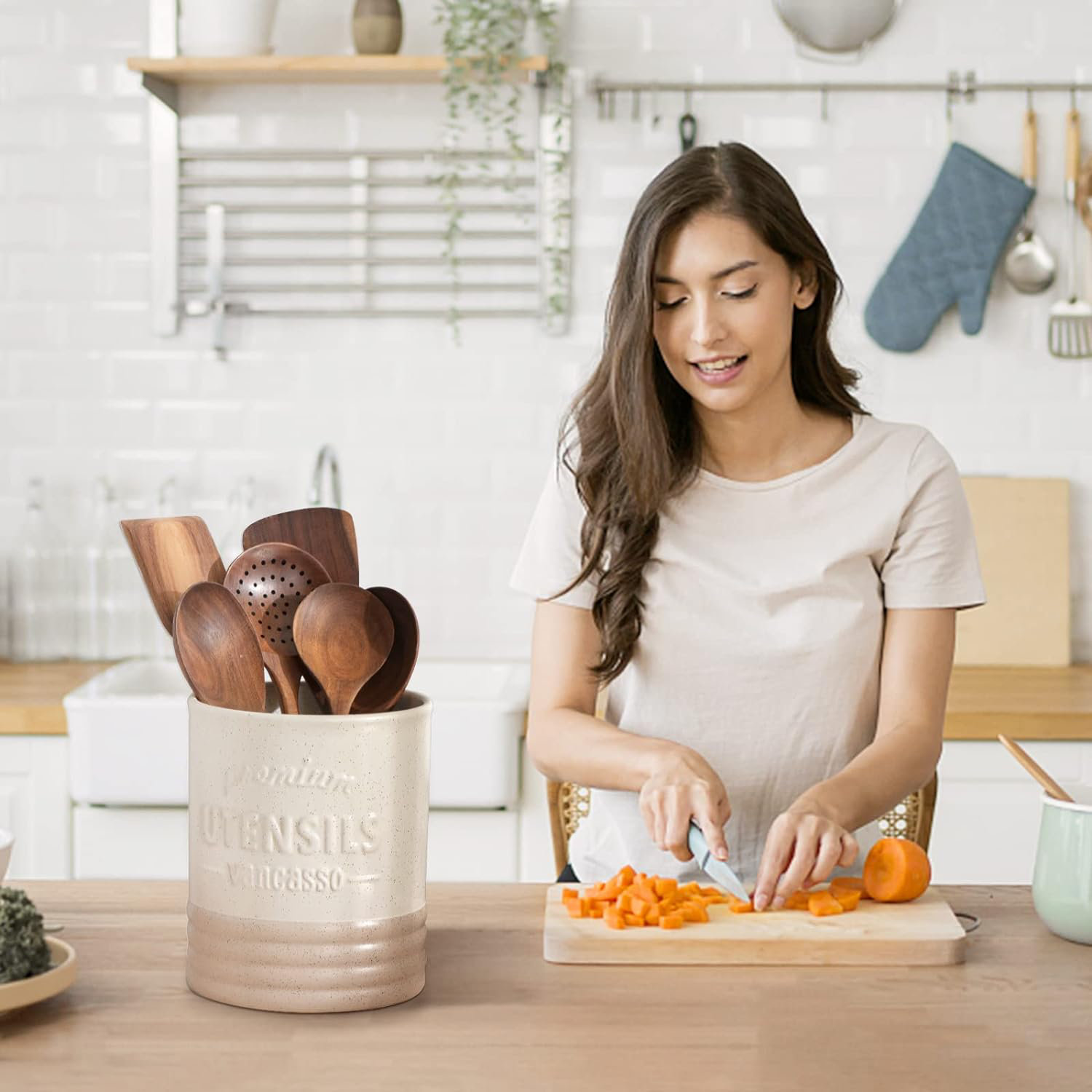 Latitude Run® Utensil Holder, 7.2" Large Utensil Crock For Kitchen Counter, Ceramic Utensil ...