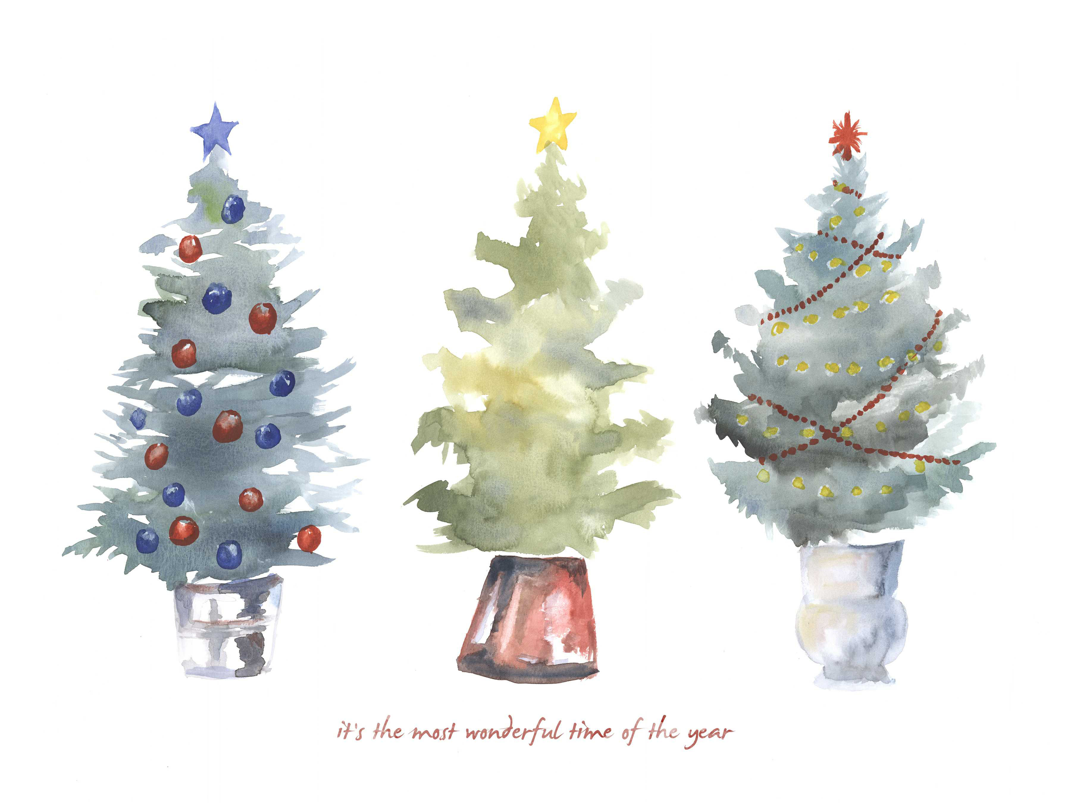 The Holiday Aisle® Three Christmas Trees Watercolor - Wrapped Canvas ...