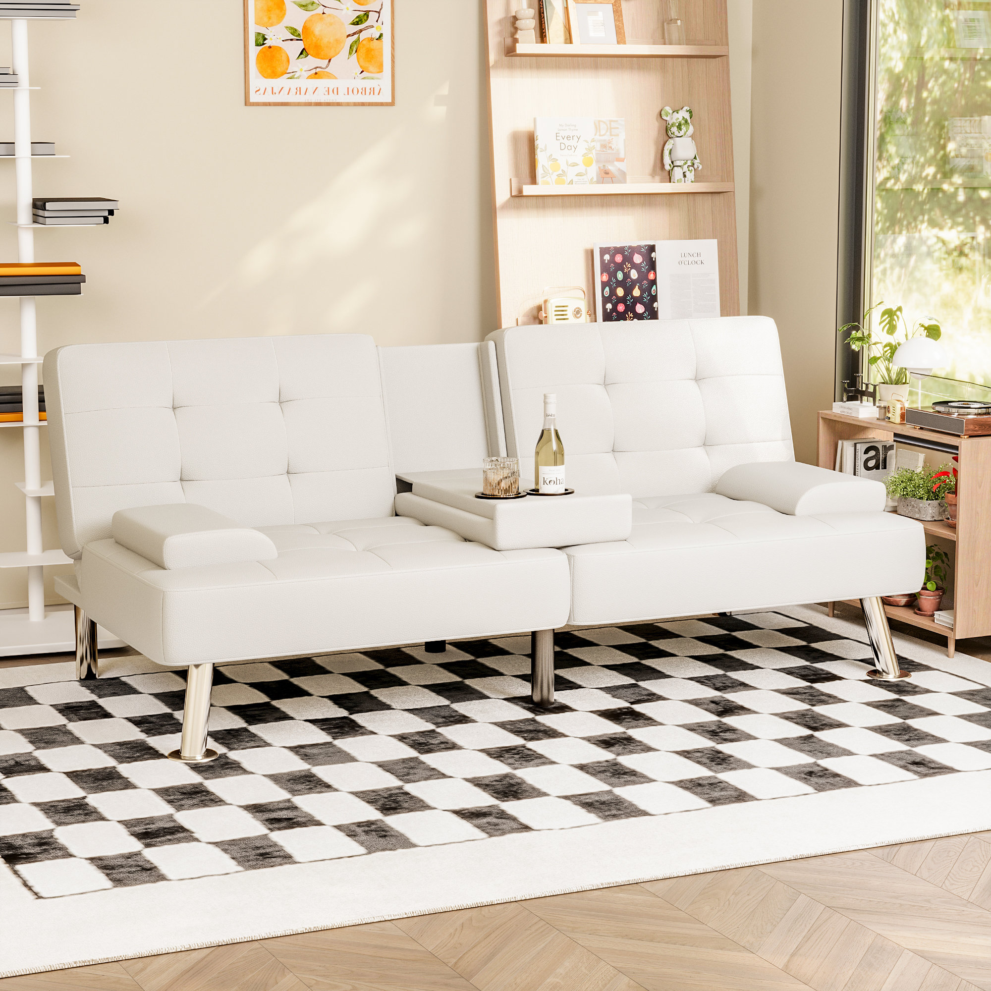 Wrought Studio™ 65" Futon Sofa Bed, Faux Leather Convertible Futon ...