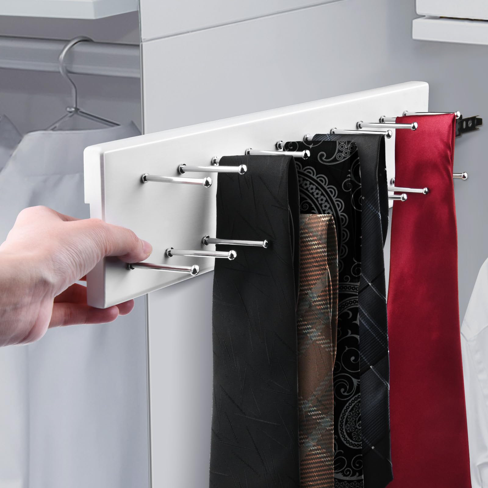 Rebrilliant Wooden Pull-Out Belt Rack For Wardrobe, 21 Tie Hooks ...