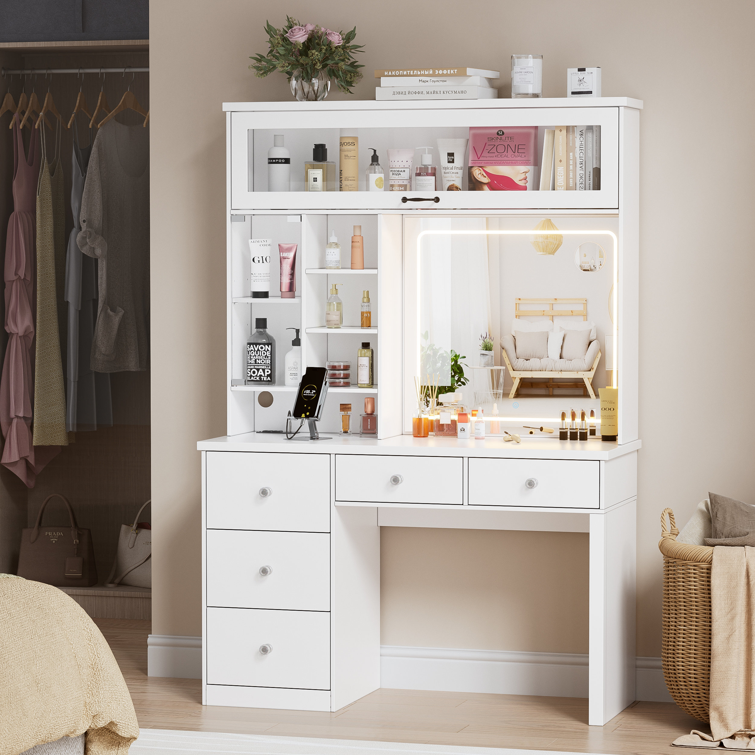 Latitude Run® Makeup Vanity With Led Lighted Mirror, Vanity Desk With ...