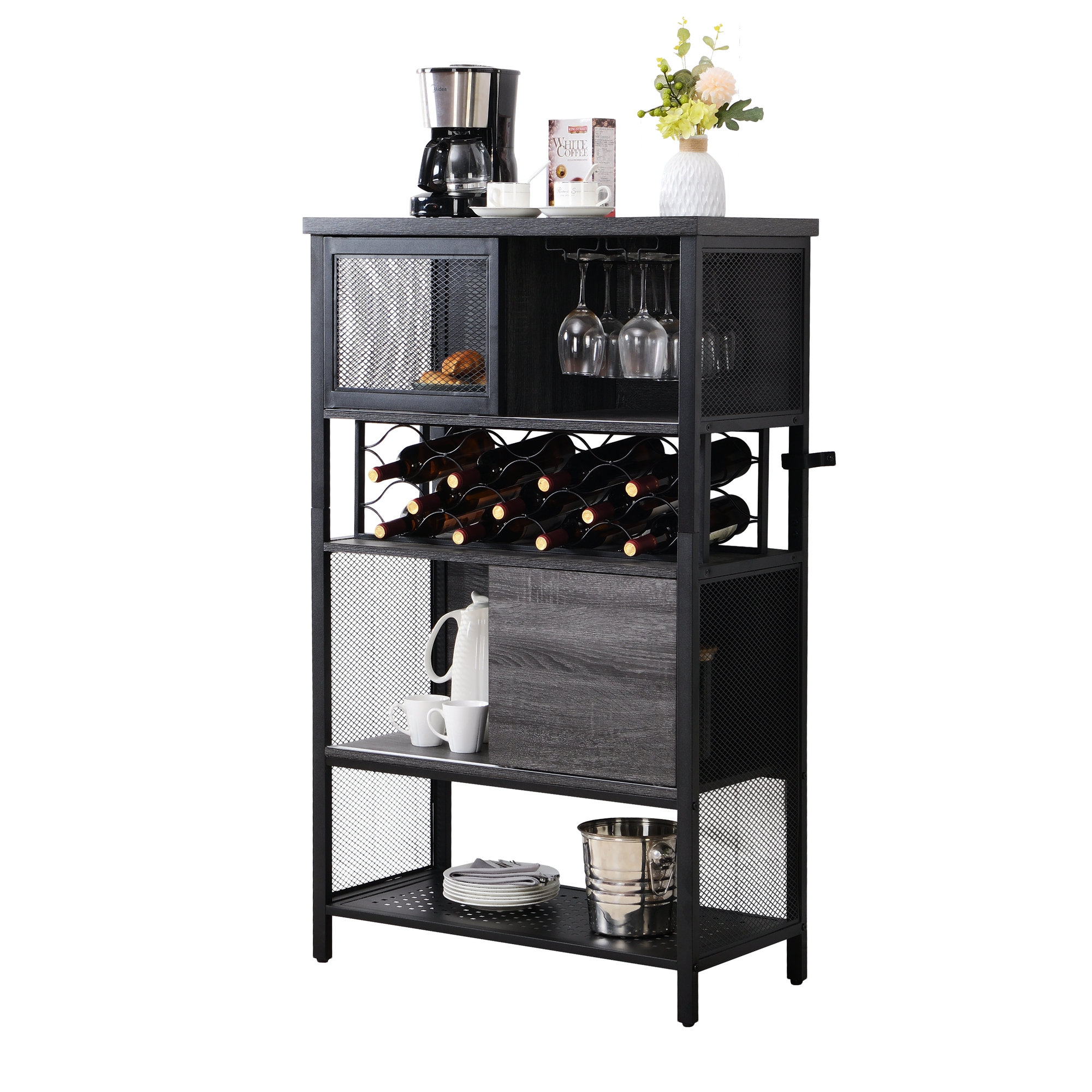 17 Stories Wieteke Industrial Bar Cabinet with Wine Rack Wood and Metal ...