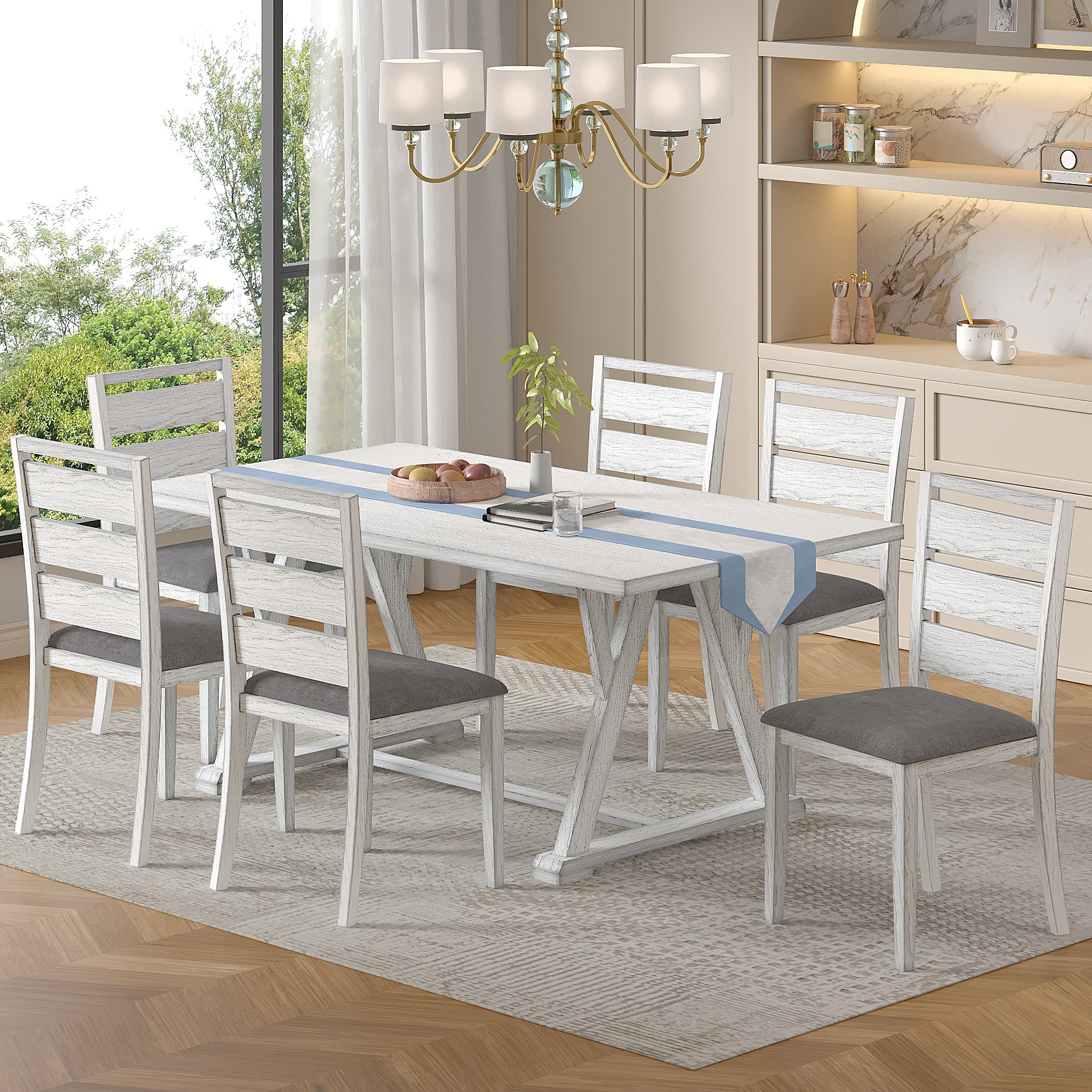 August Grove® 7-Piece Solid Wood Dining Table Set With 6 Upholstered ...