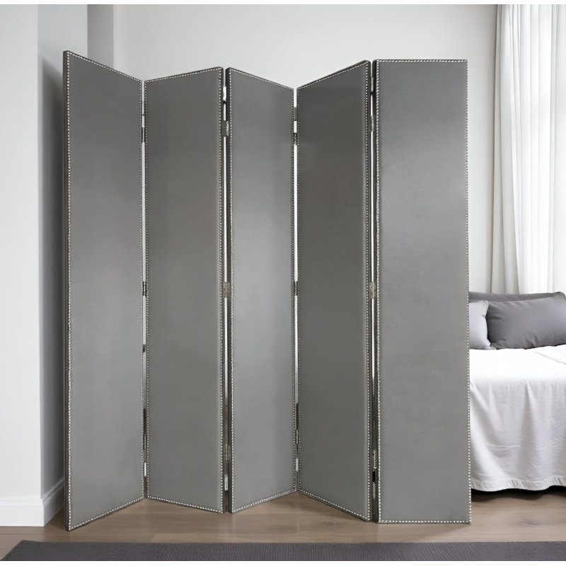 Everly Quinn 108" Gray Fabric And Wood Folding Five Panel Screen Room ...