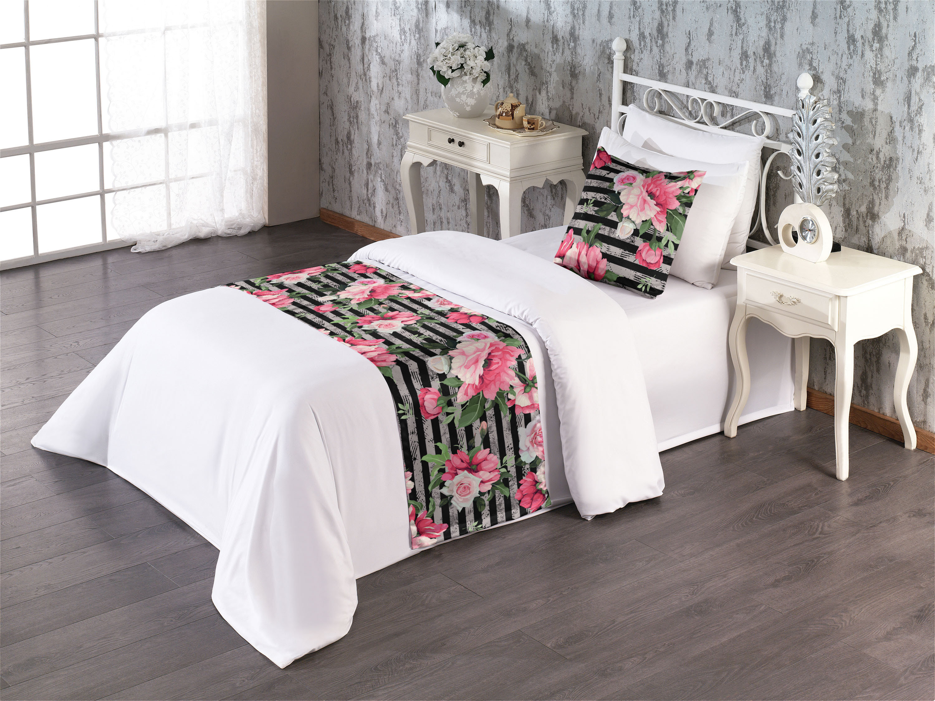 Ambesonne Vintage Bed Runner Set Roses Horizontal Lines Art Pastel Pink ...