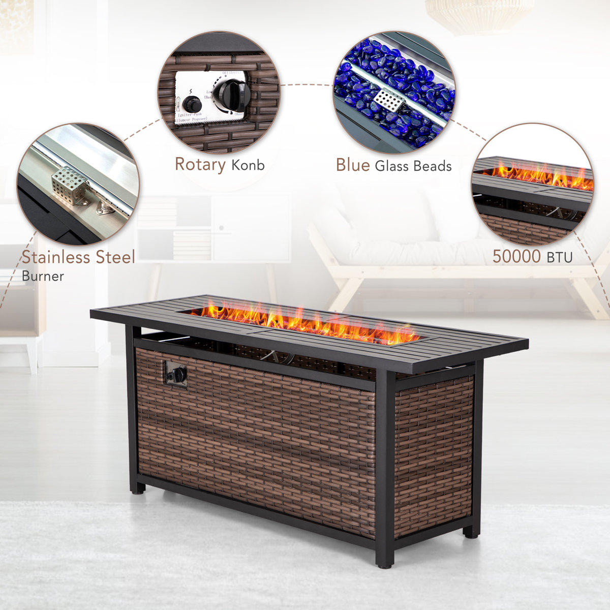 Lark Manor Argyri 56" Outdoor Rectangular Rattan Propane Gas Fire Pit ...